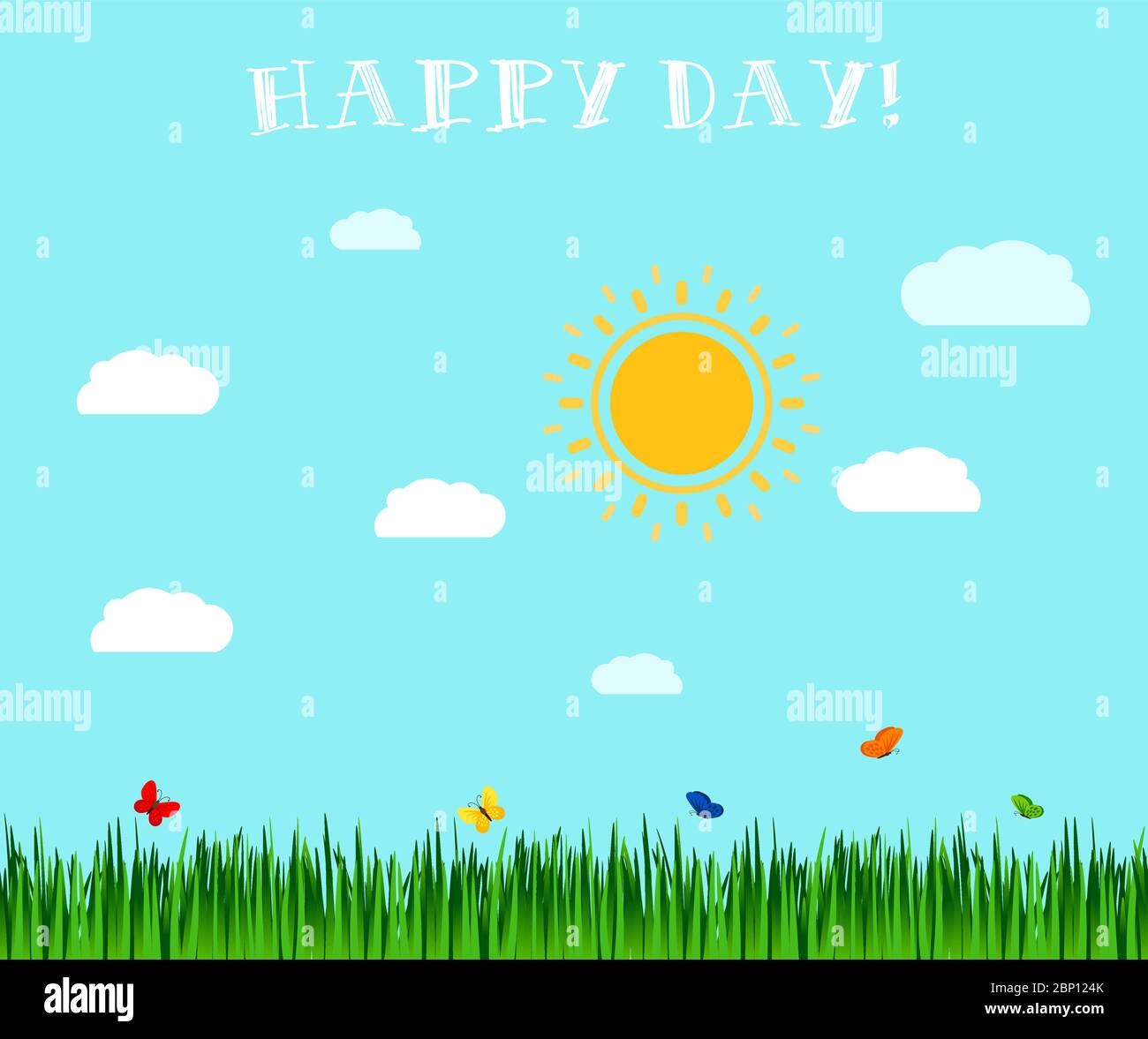 Spring green grass and butterfly landscape, vector illustration Stock ...