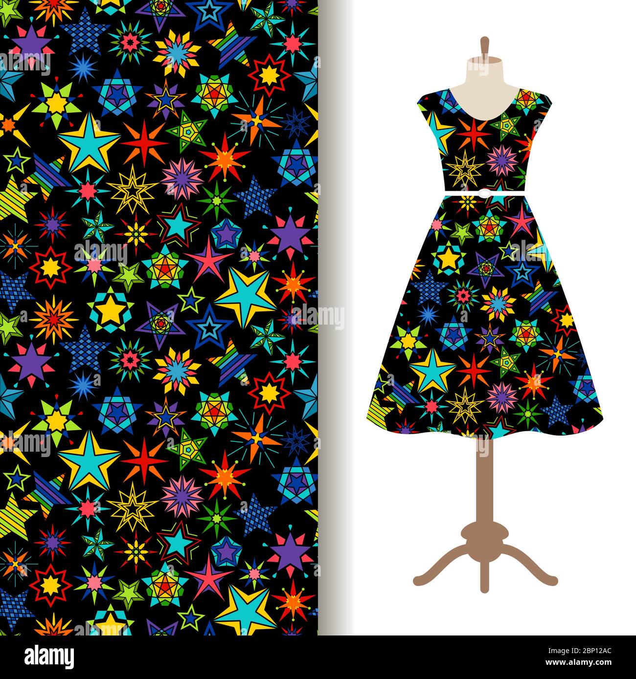 Womens dress fabric pattern design with kaleidoscope stars. Vector ...