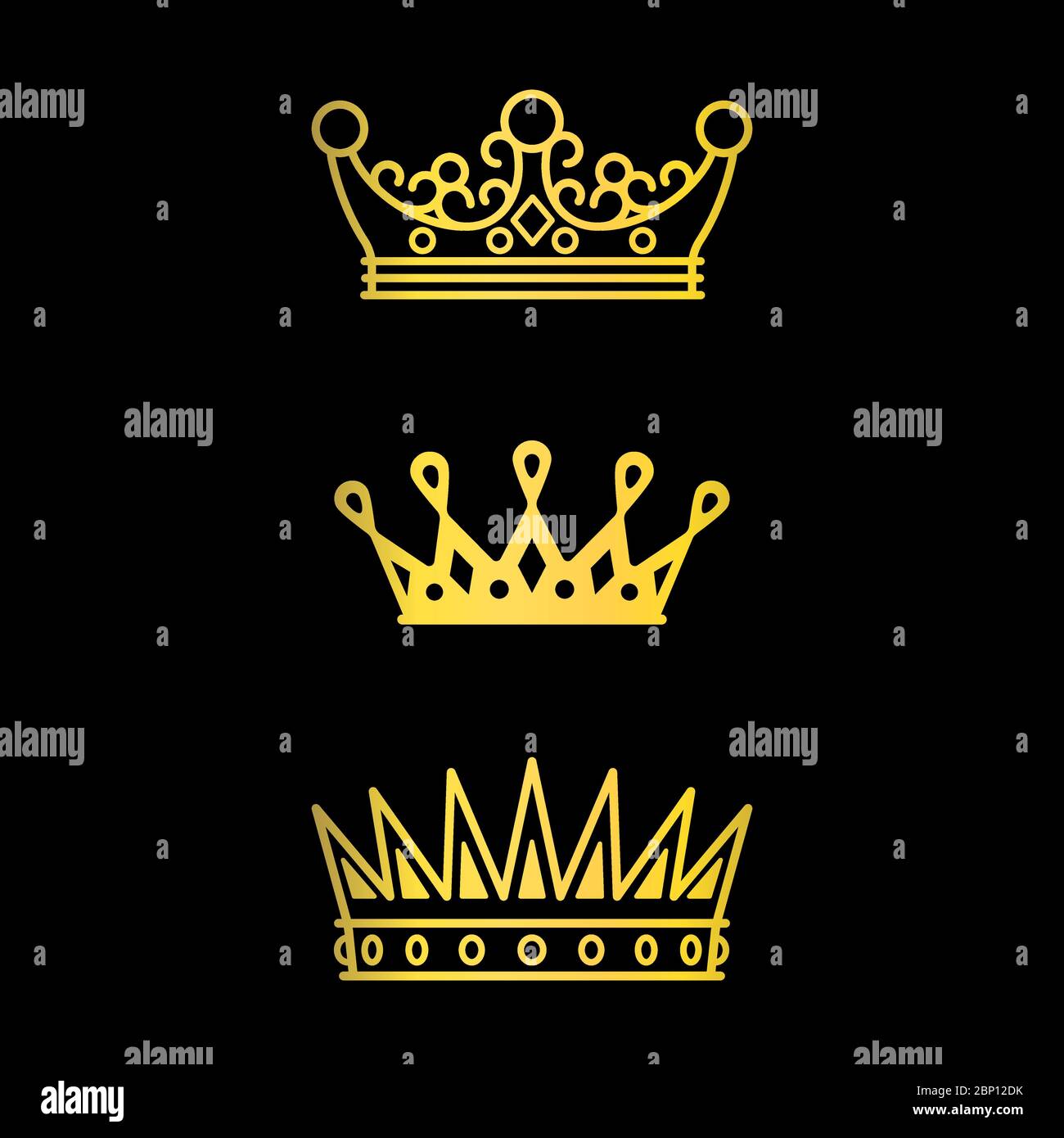 Crowns gold line icons collection on black background, vector ...