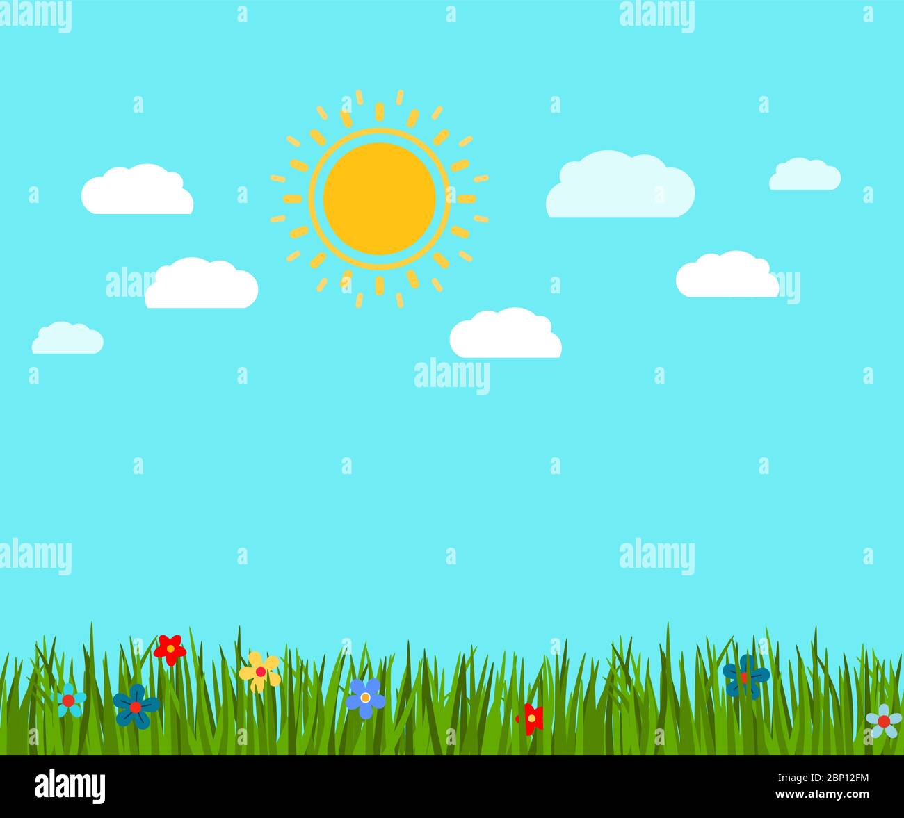 Spring green grass and flowers landscape, vector illustration Stock ...