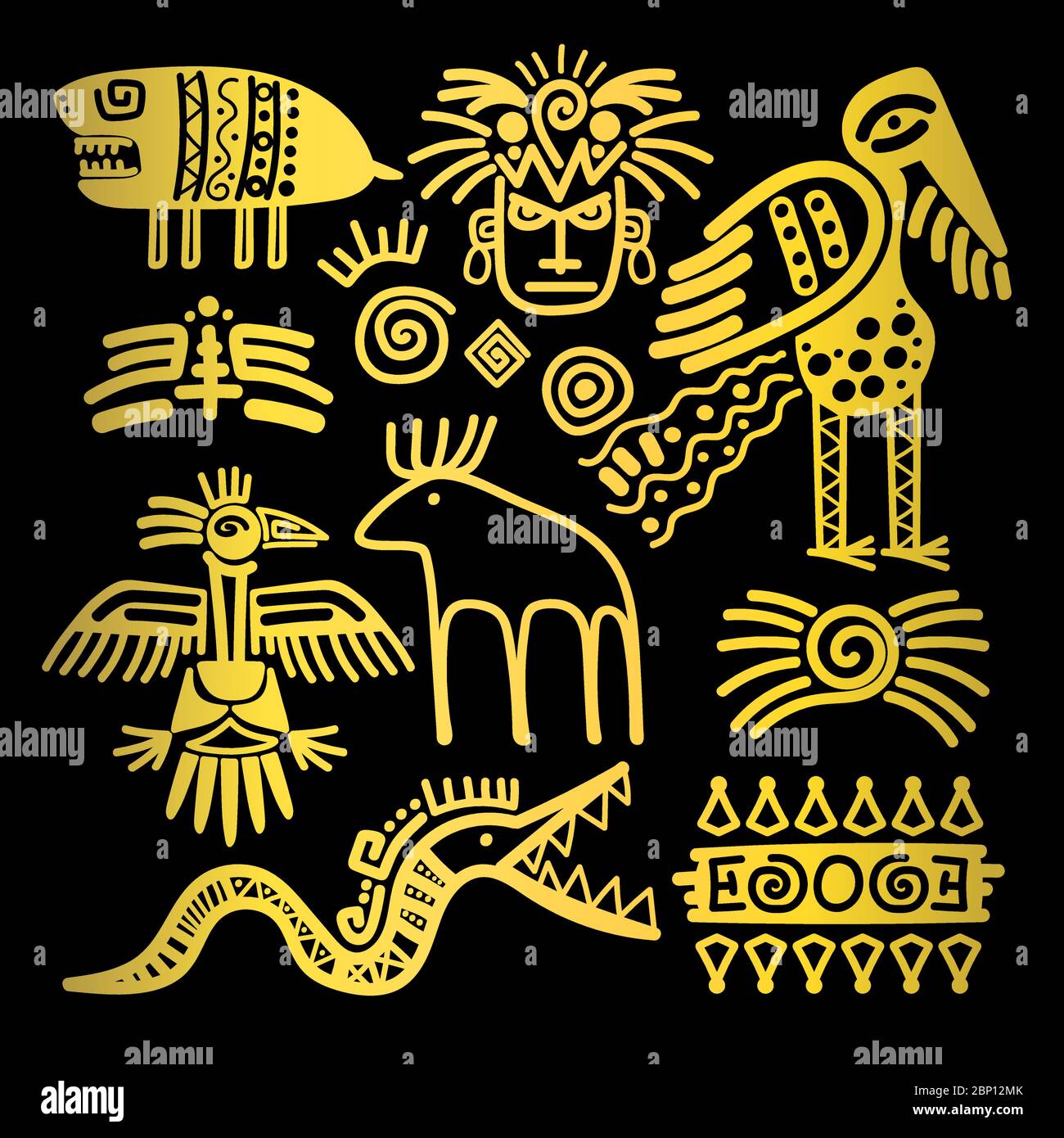 Golden Indian traditional signs and symbols on black. vector ...
