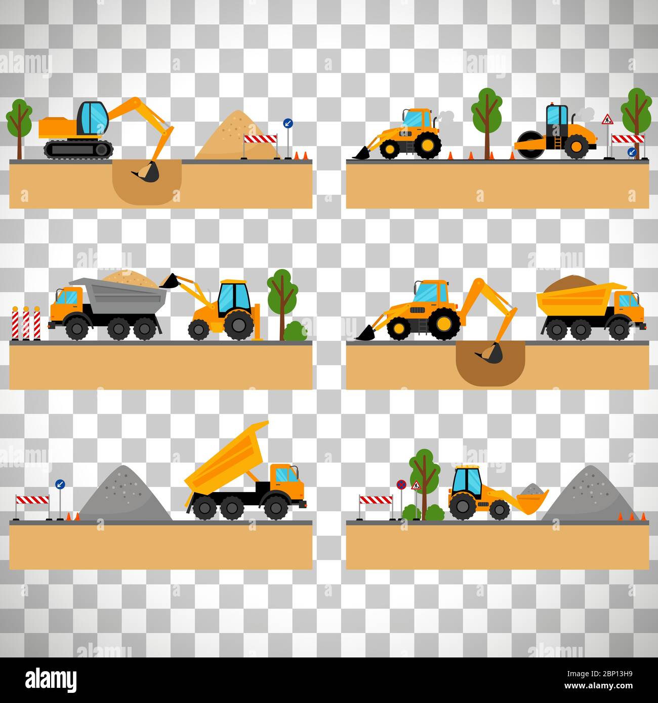 Building site machinery vector illustration. loader and excavator ...