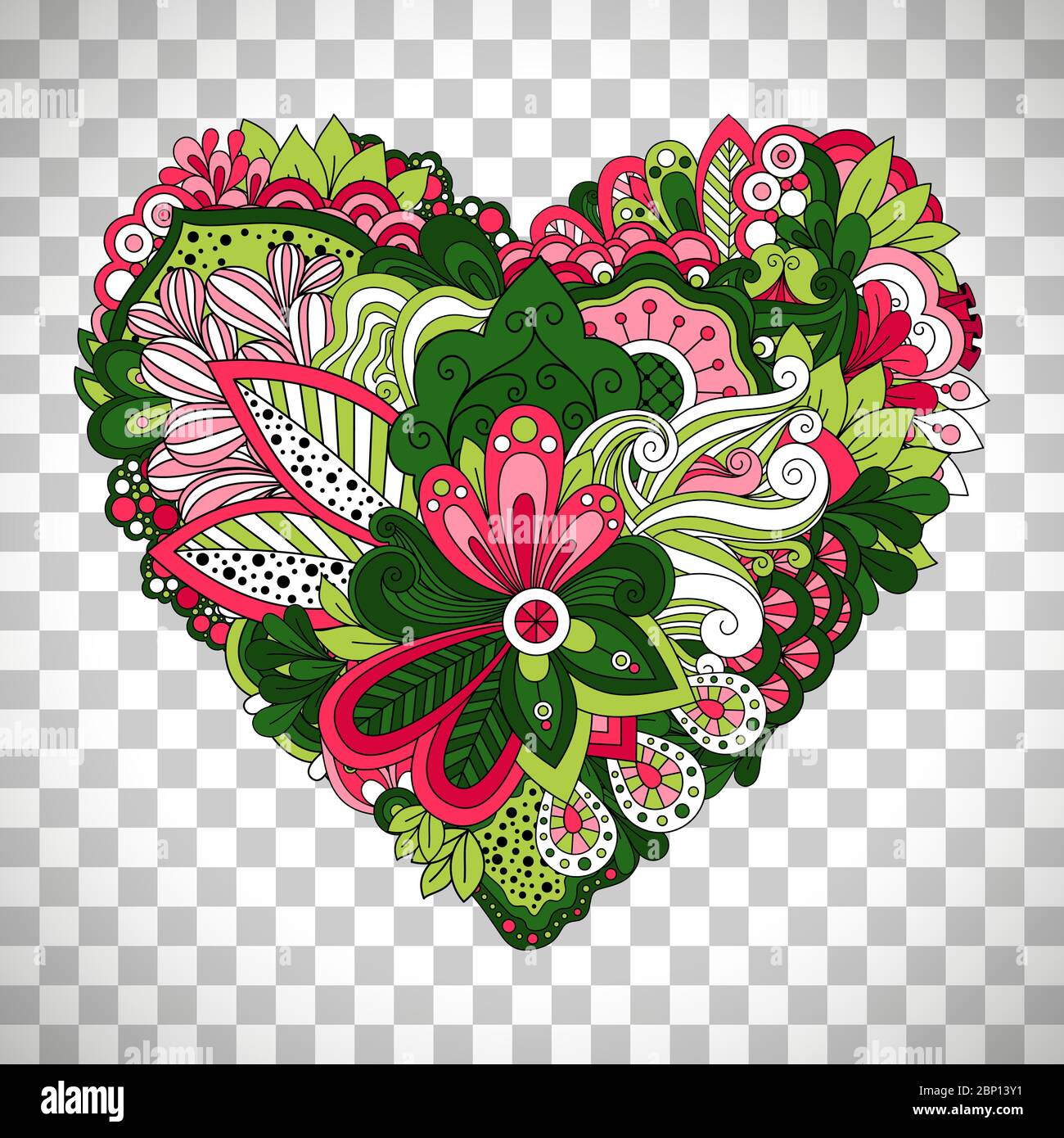 Floral heart shape with hand drawn doodle summer flowers vector ...