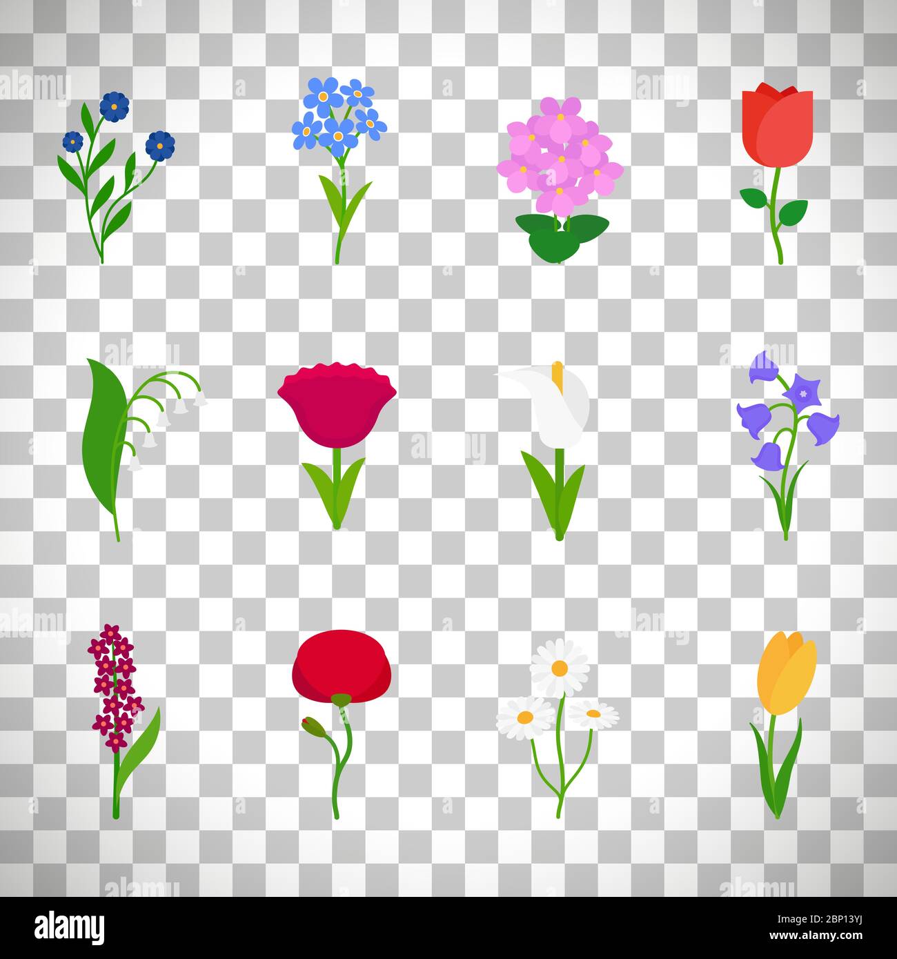 Fun and cute vector spring flowers icons isolated on transparent ...