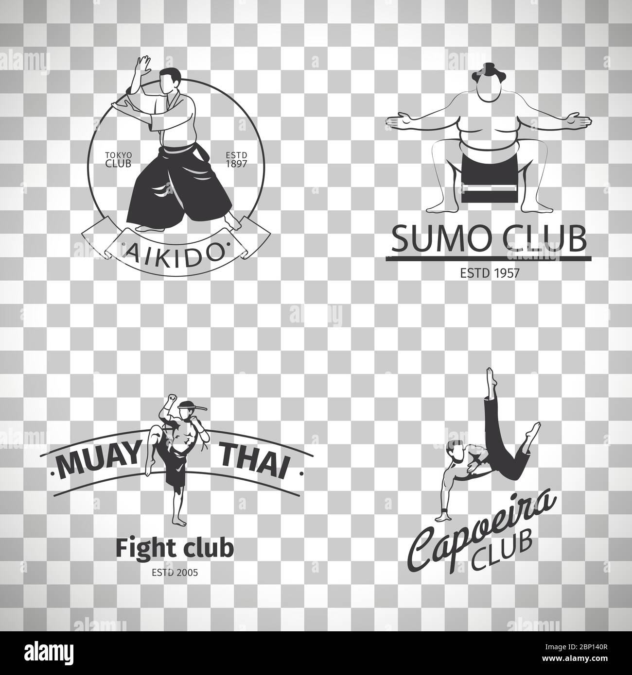 Fight club logo or MMA emblem set. Capoeira and sumo, aikido and thai ...