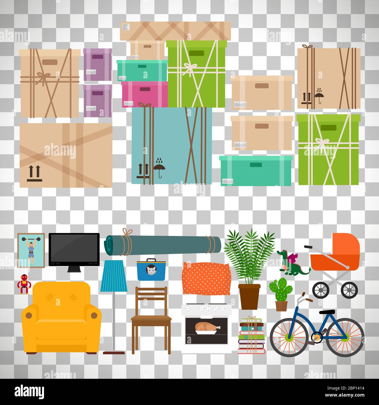 Furniture and boxes icons set for rooms of house vector isolated on ...