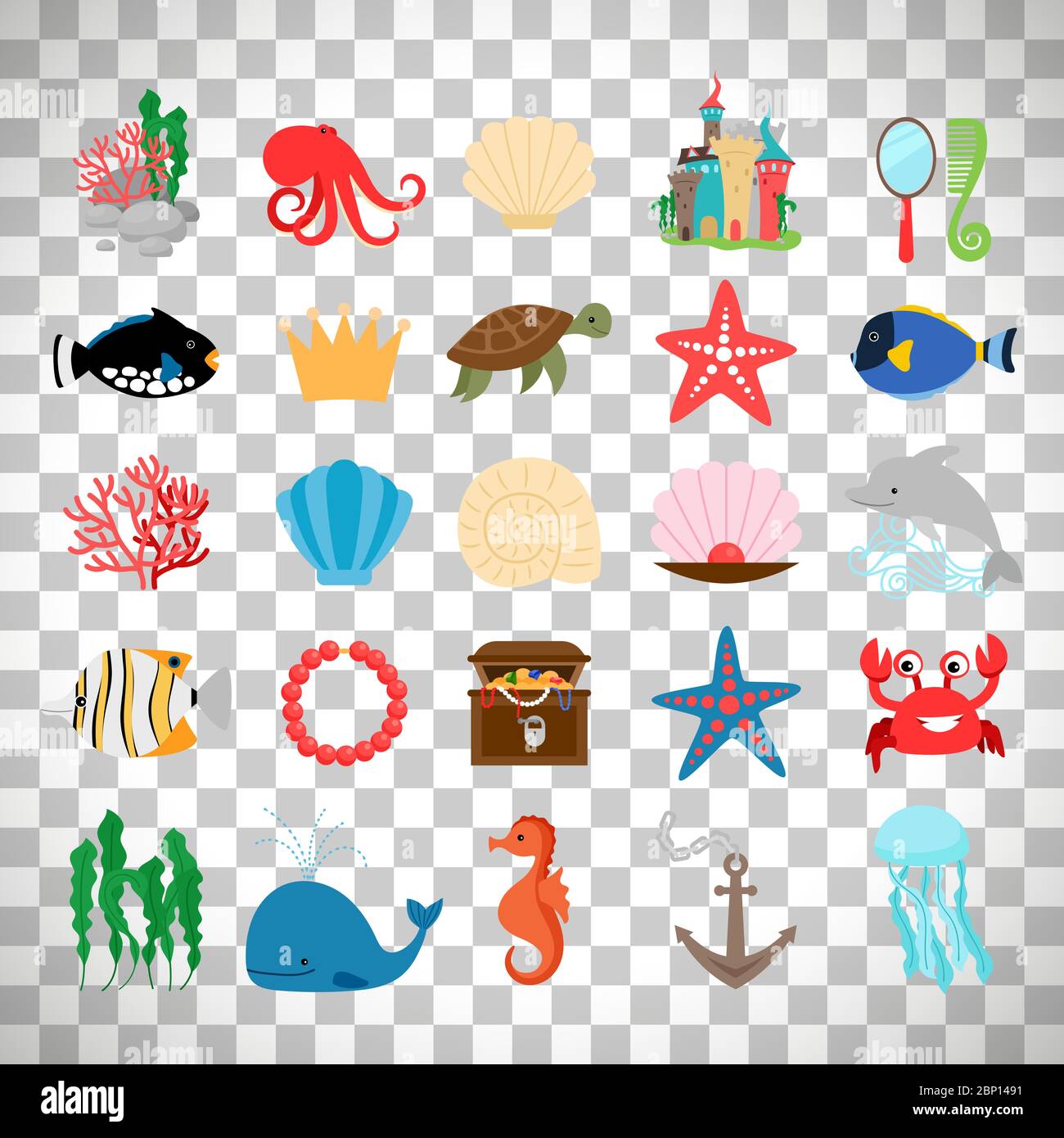 Marine life and underwater plants, treasure and cartoon ocean animals ...