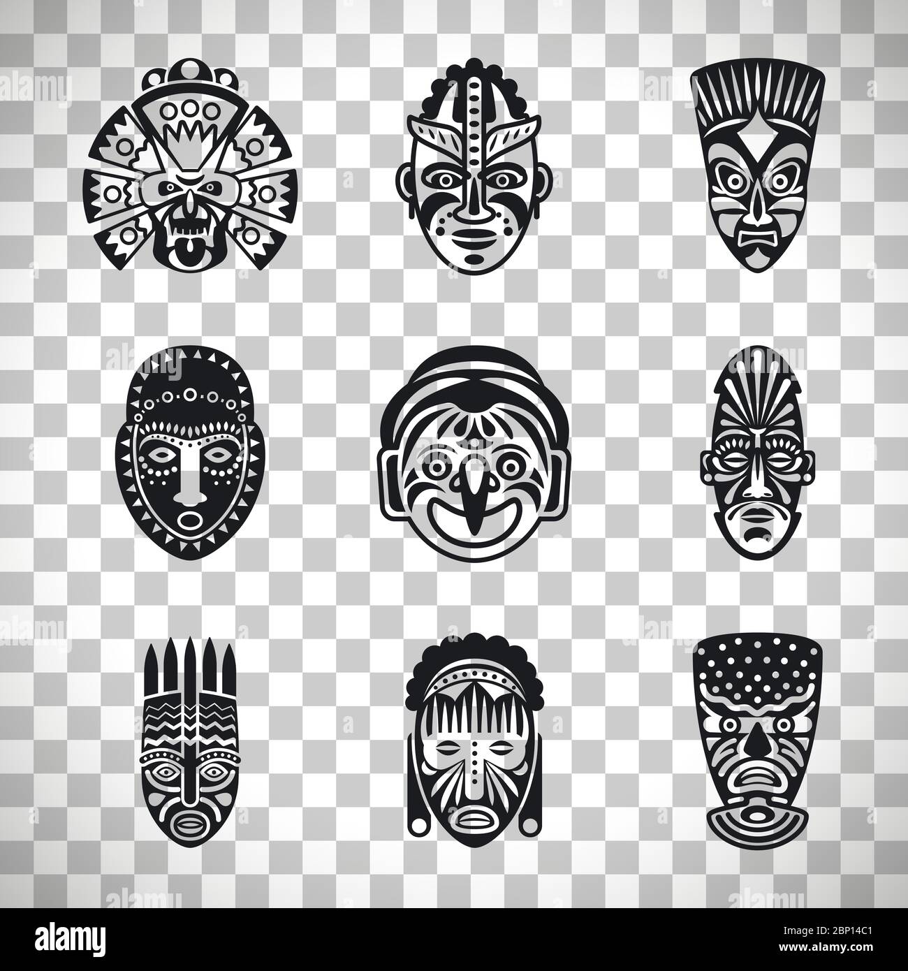 Tribal mask icons, ethnic masks vector isolated on transparent ...