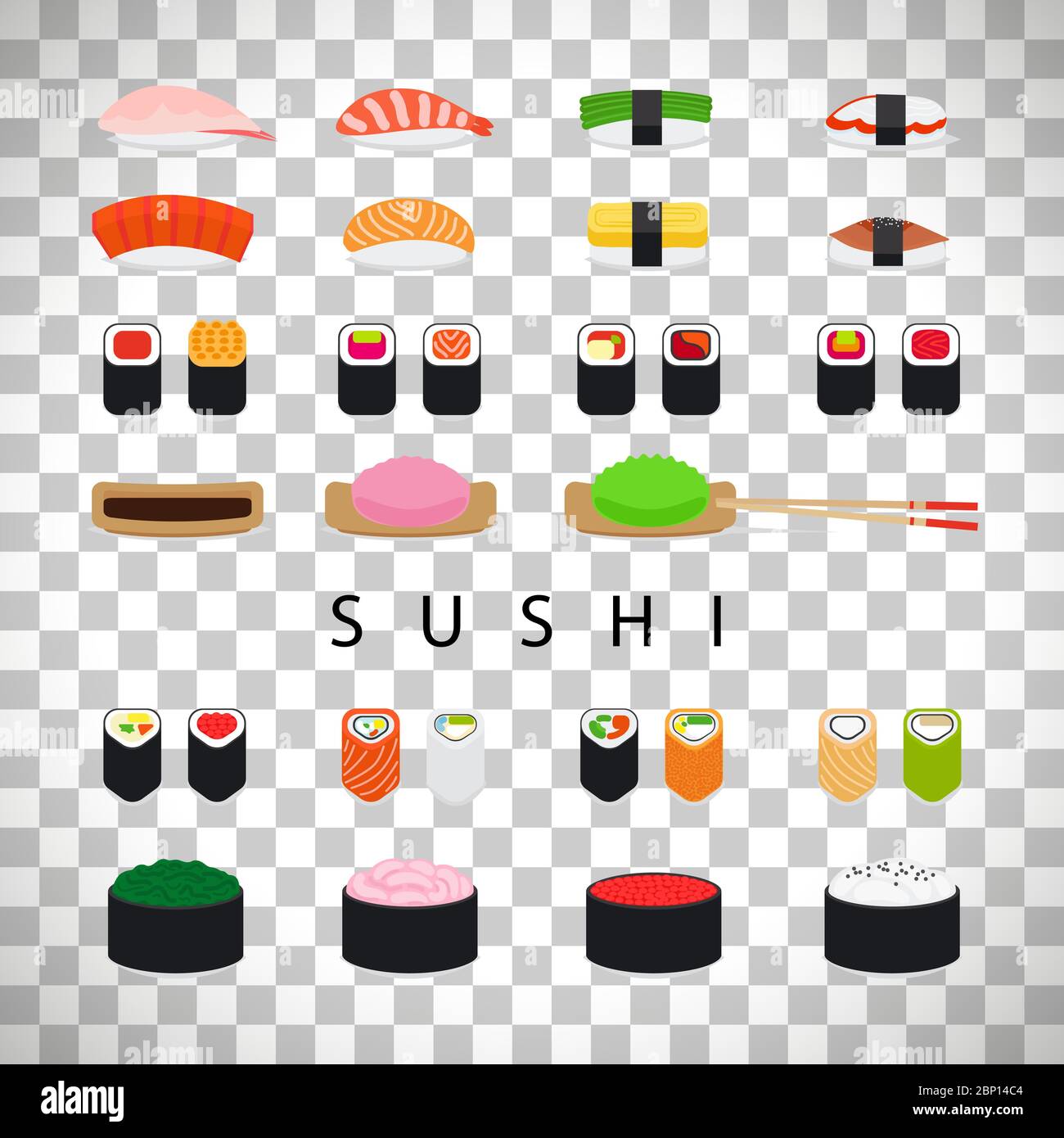 Japanese food sushi set, sushi flat icons vector isolated on ...
