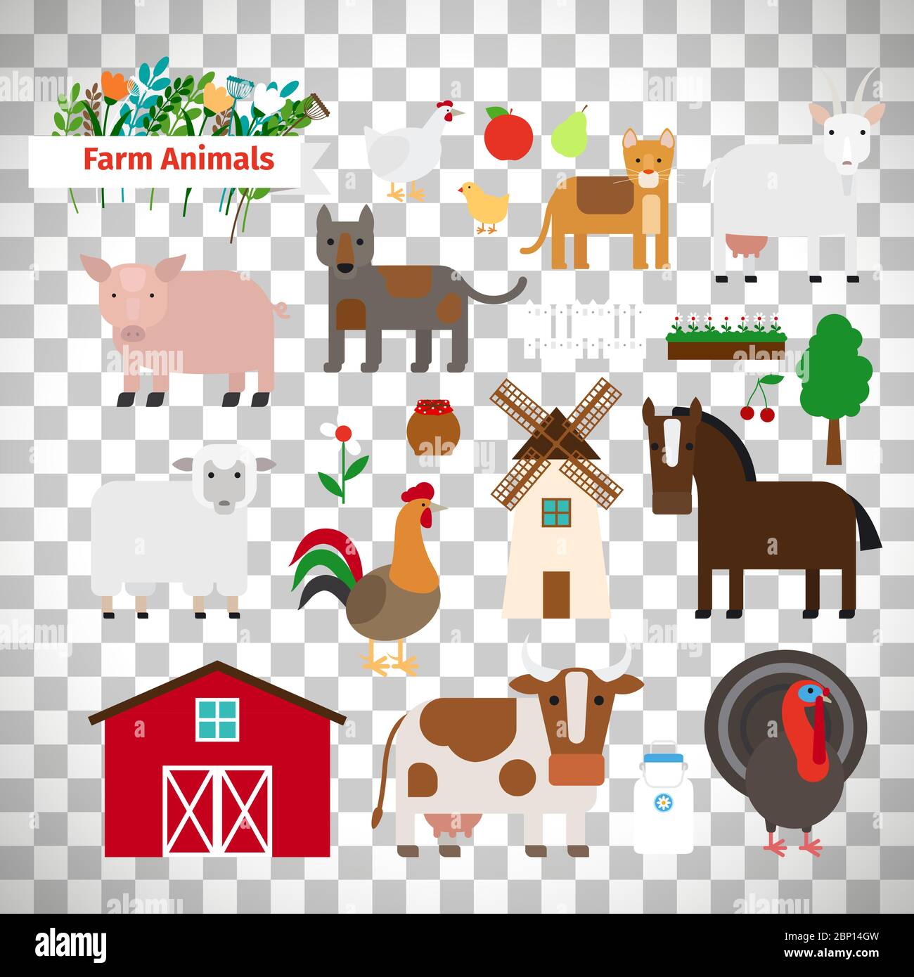 Farm animals in flat style isolated on transparent background, vector ...