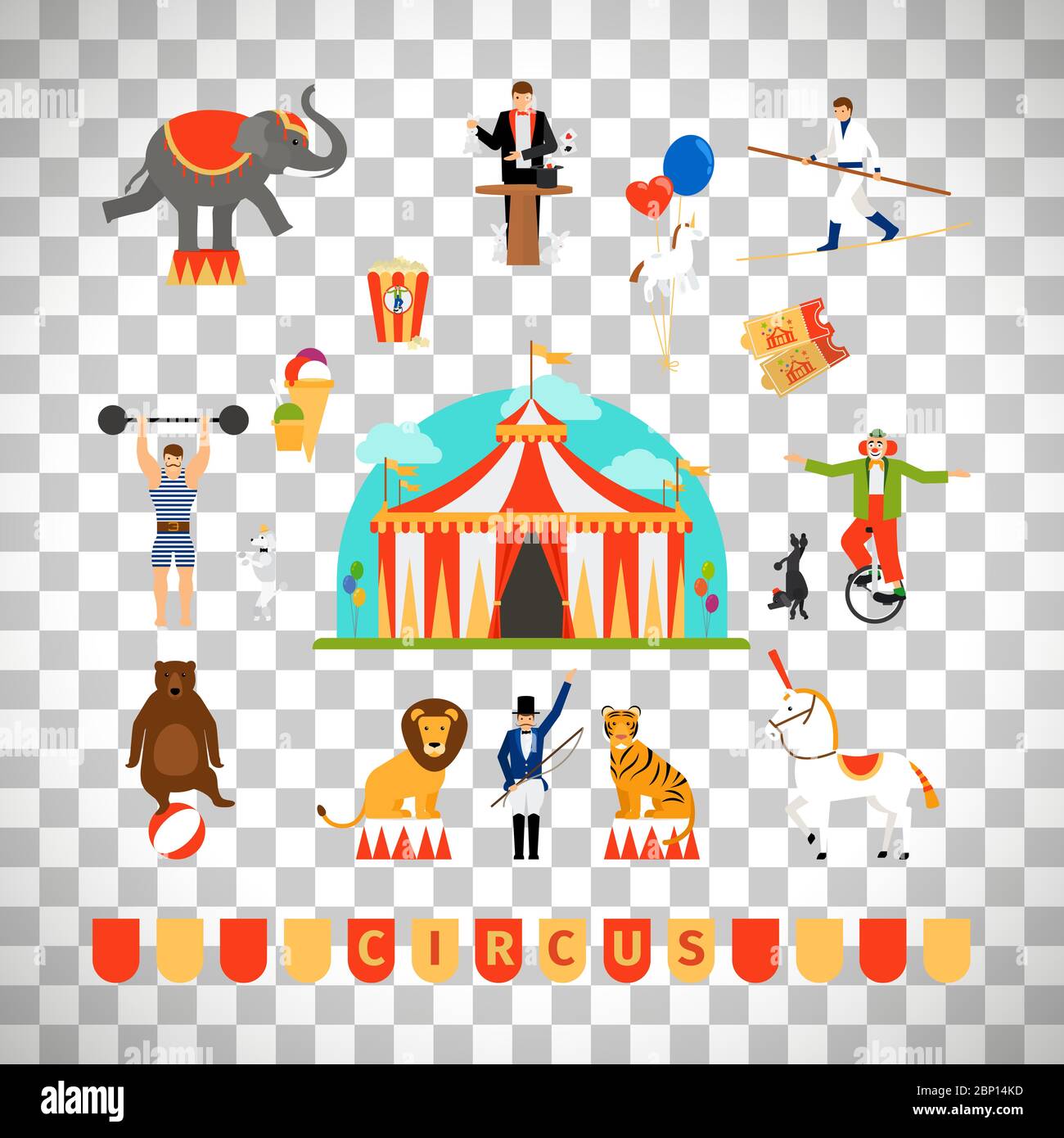 Circus and fun fair elements in modern flat style isolated on ...