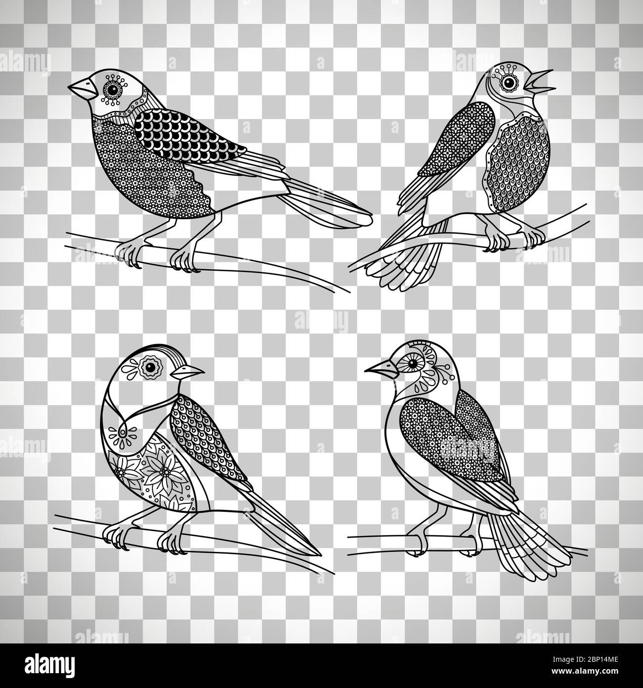 Hand drawn vector birds with doodle decoration isolated on transparent ...