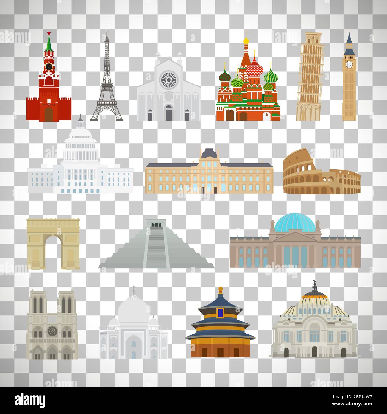 Monuments modern flat icons isolated on transparent background, vector ...