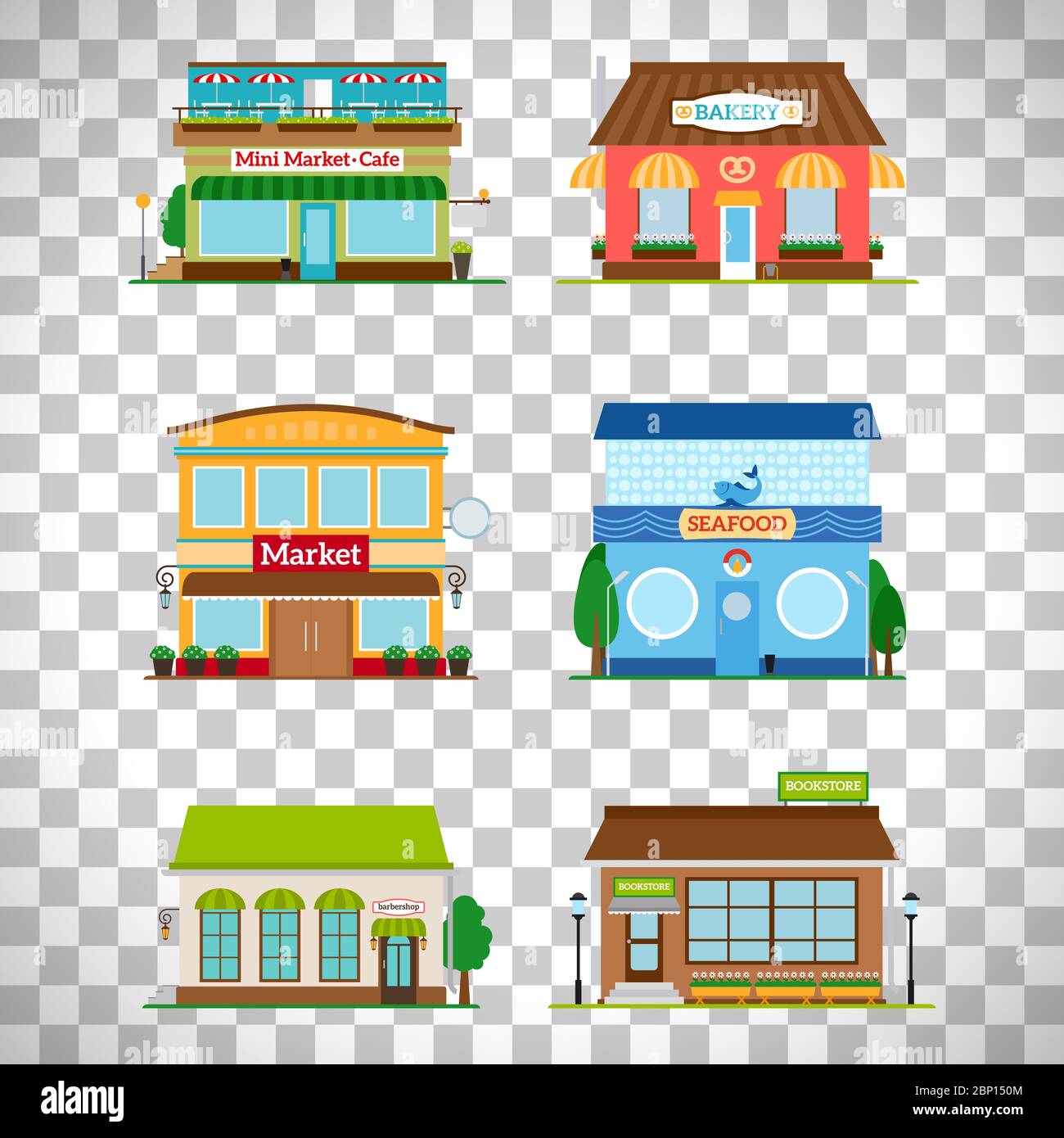 Shop store facade set. Bakery and bookstore, cafe and market isolated ...