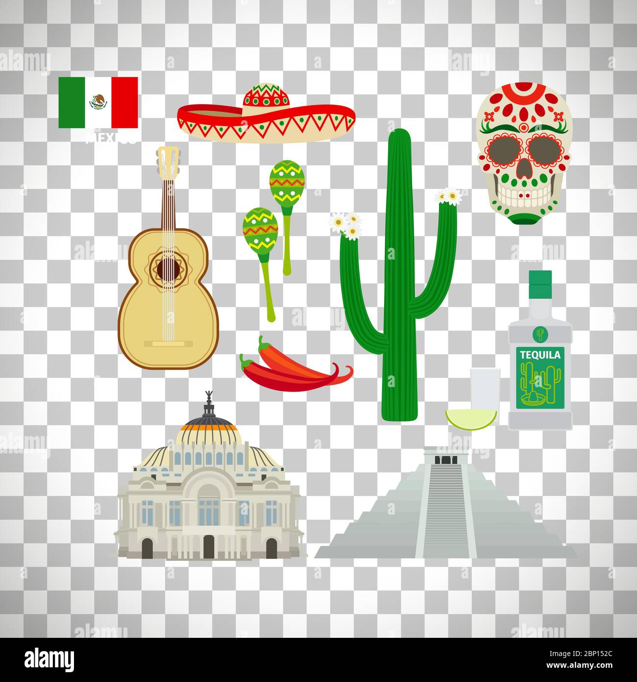 Mexico icons and flag in flat style set isolated on transparent ...