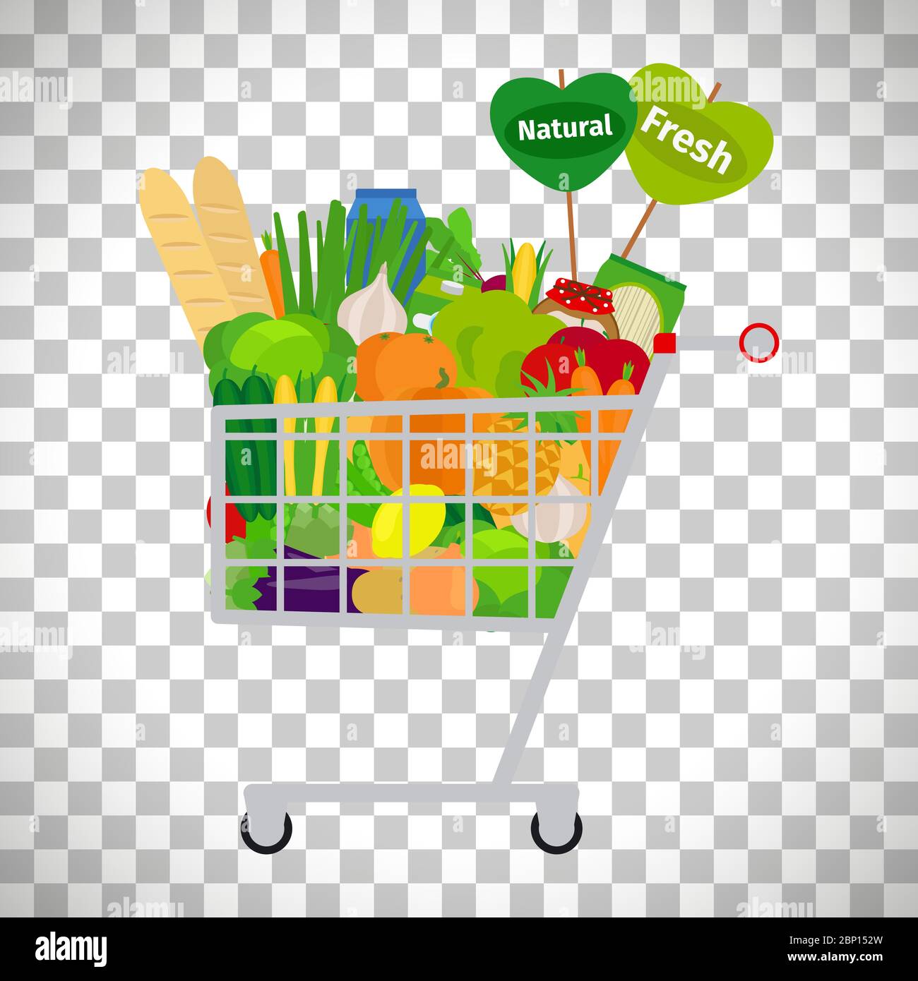 Supermarket shopping cart with products and goods isolated on ...
