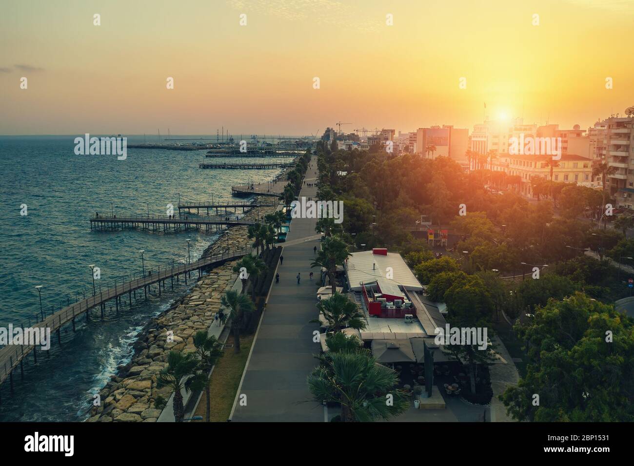 Limassol at sunset, aerial evening panorama of Molos promenade, Cyprus ...