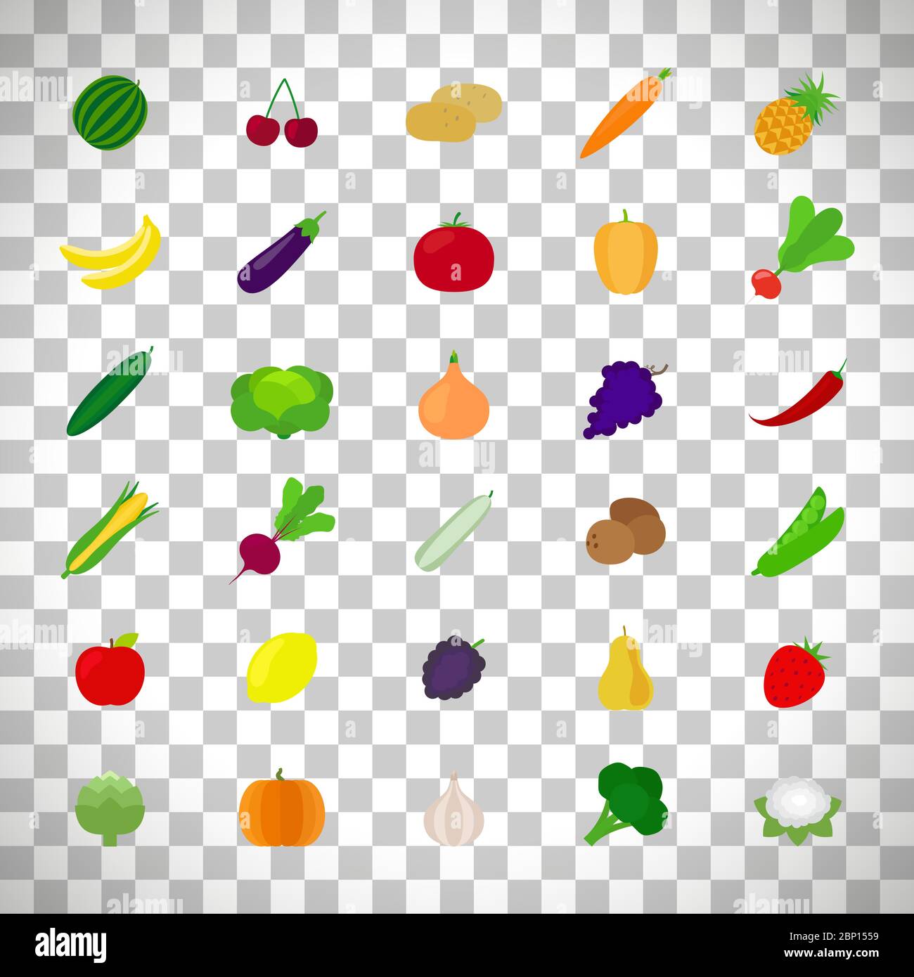 Vegetables and fruit icons in flat style isolated on transparent ...