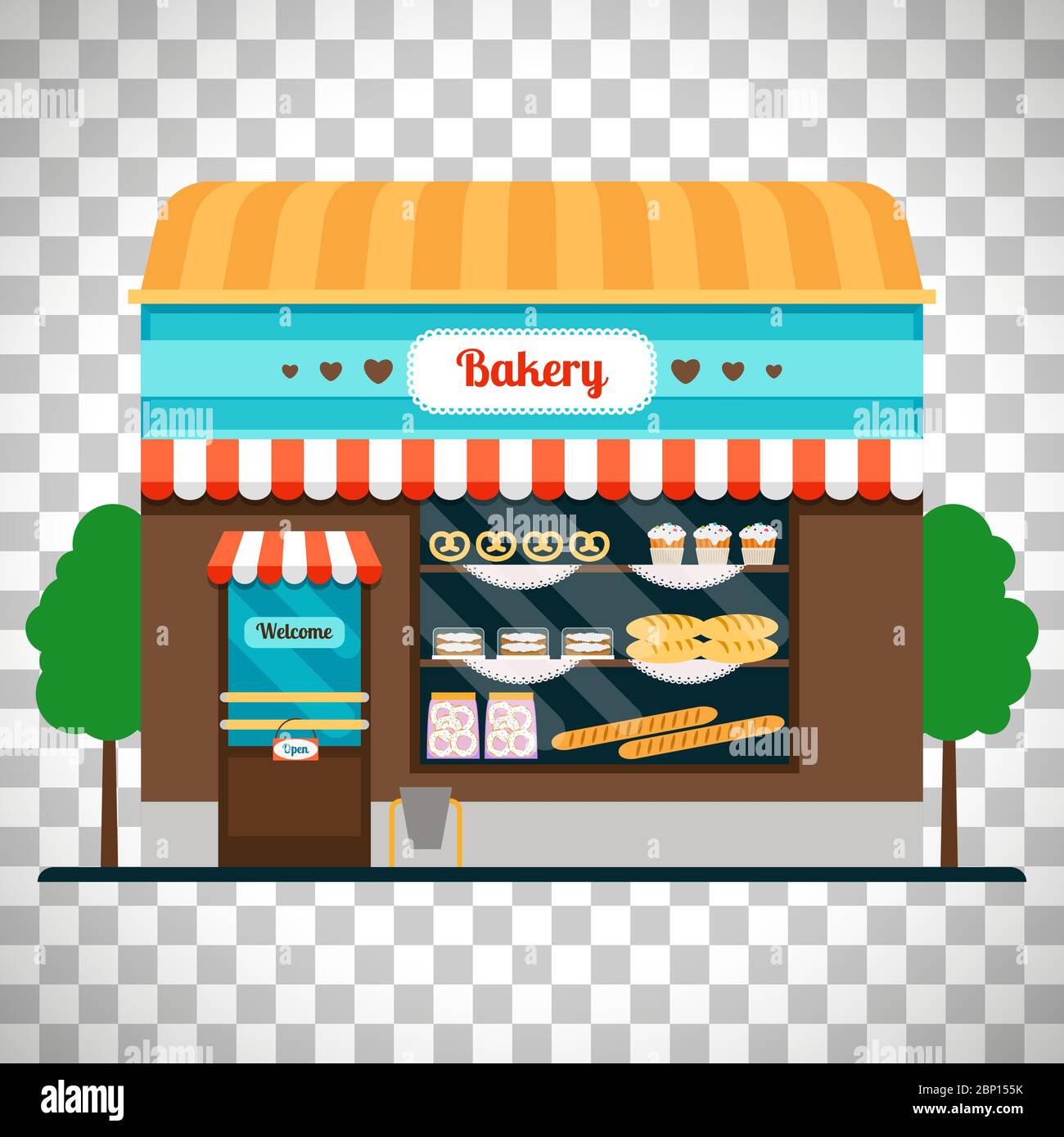 Bakery shop front veiw flat icon. Bakery facade vector illustration ...