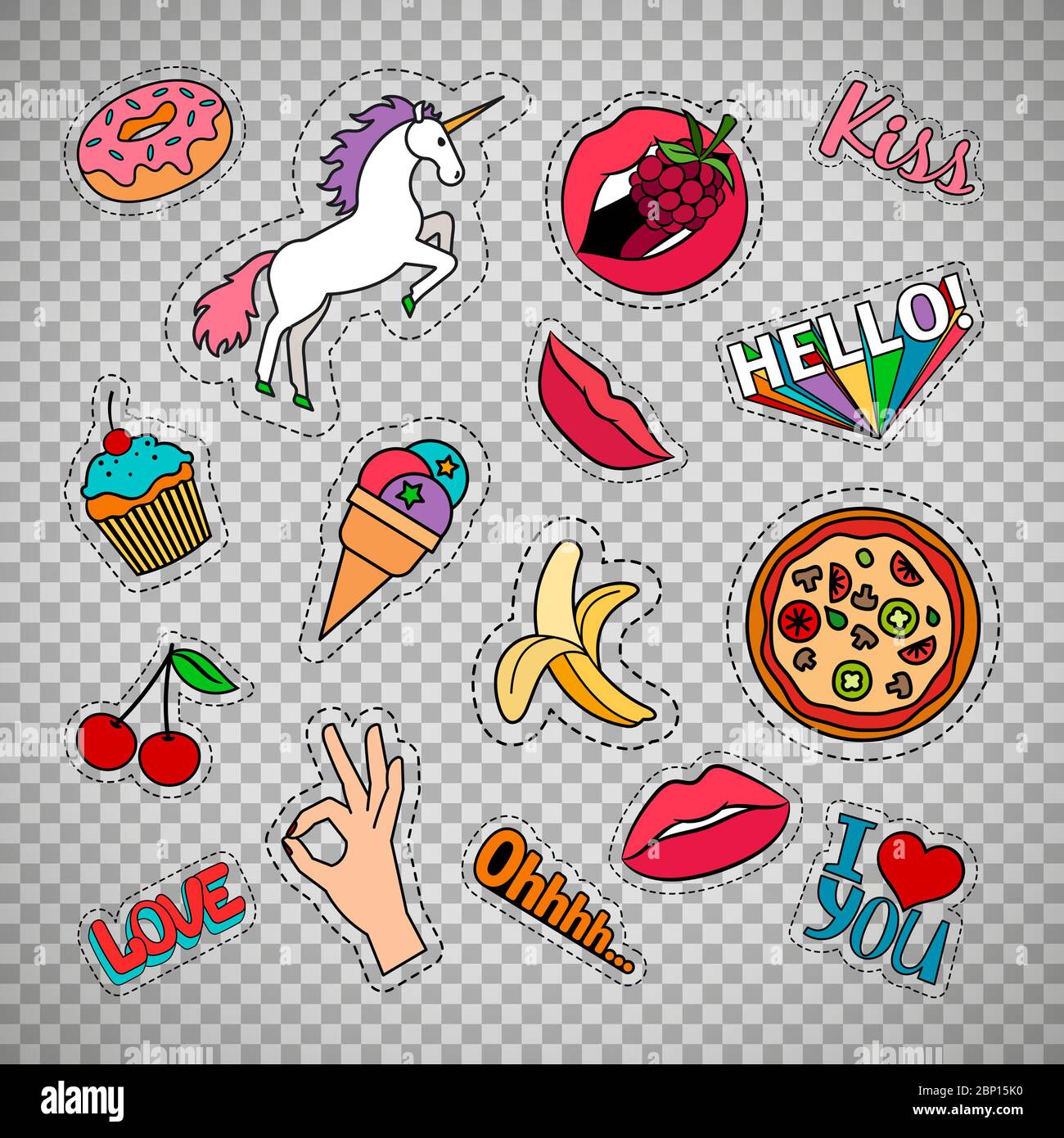 Funny quirky colorful food stickers set with pizza, cherry, ice cream ...