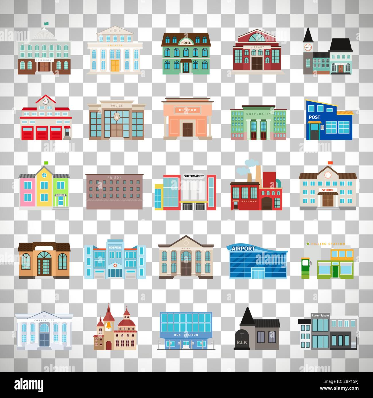 Municipal library and city bank, hospital and school vector icon set ...