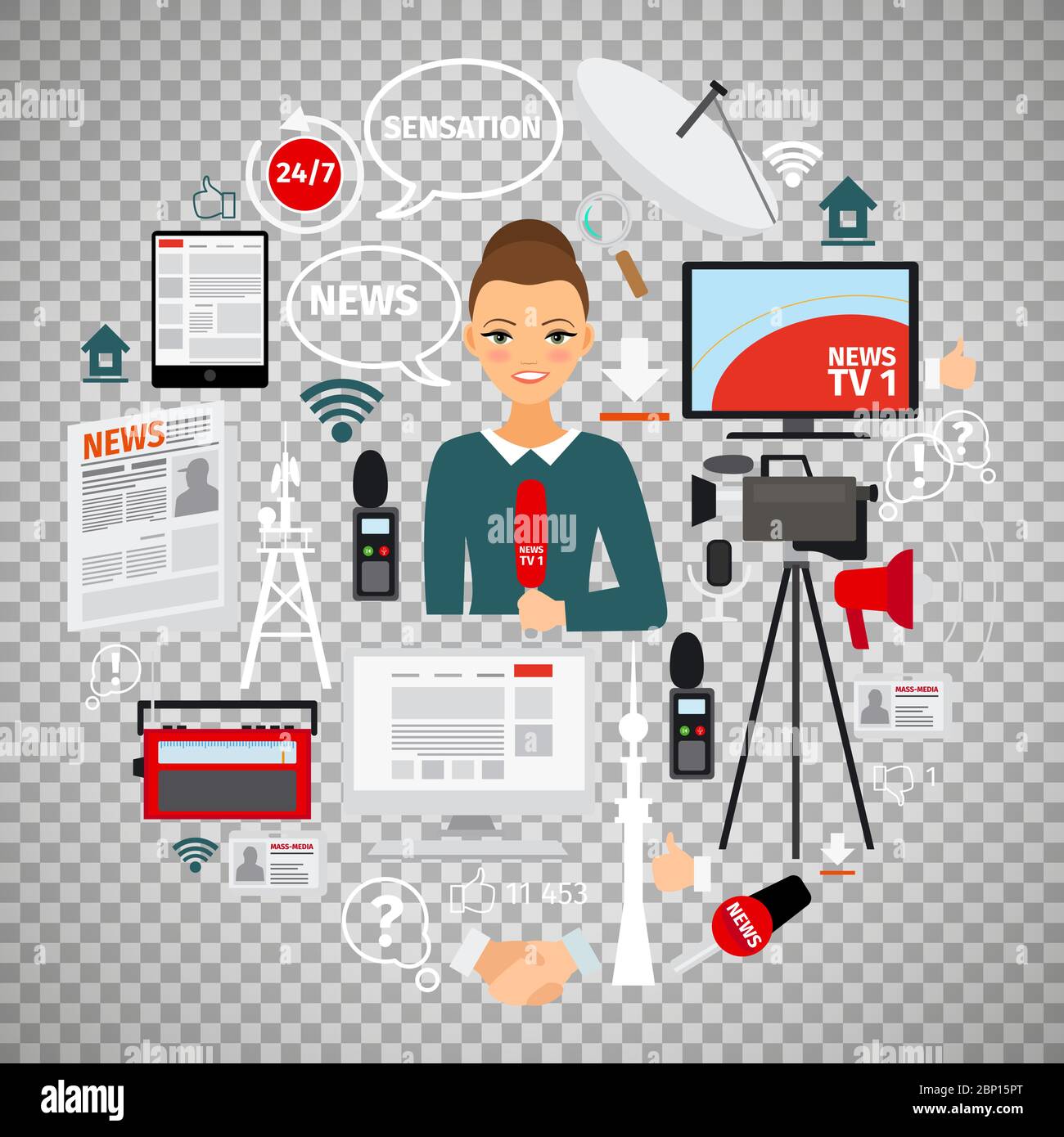 News and journalist concept with flat icons isolated on transparent ...