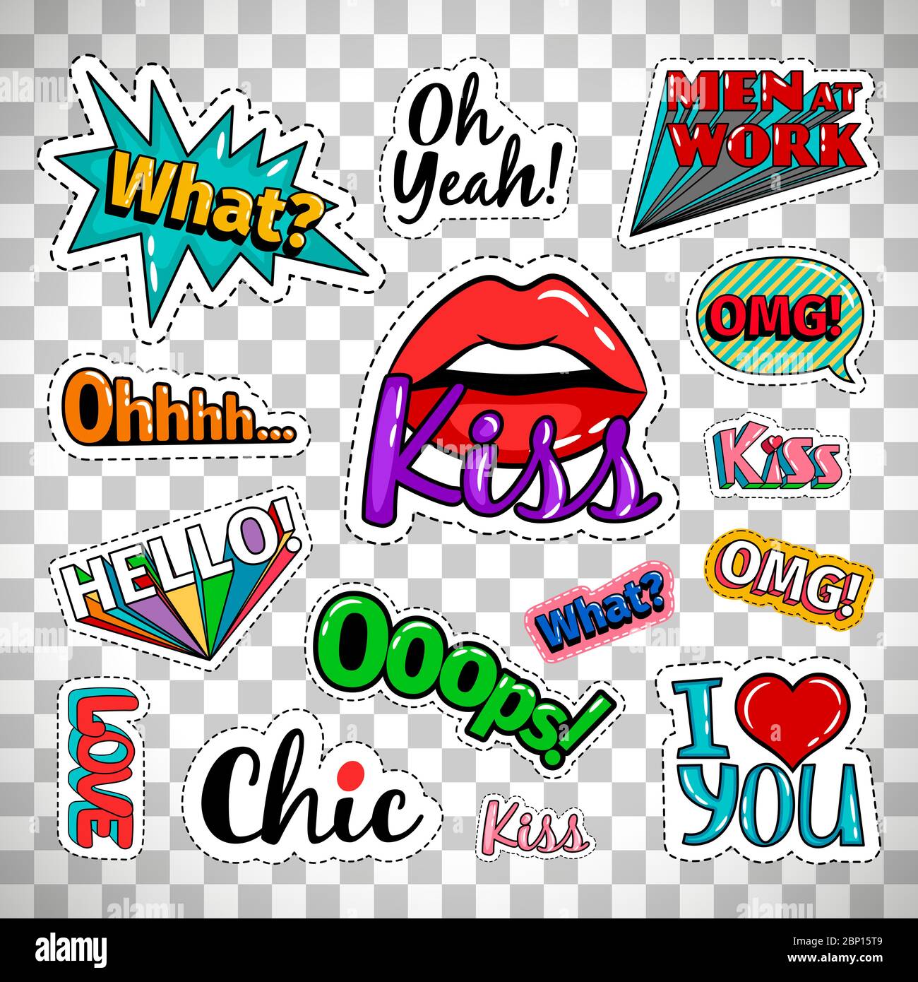 Quirky quotes stickers set with woman lips and colorful words isolated ...