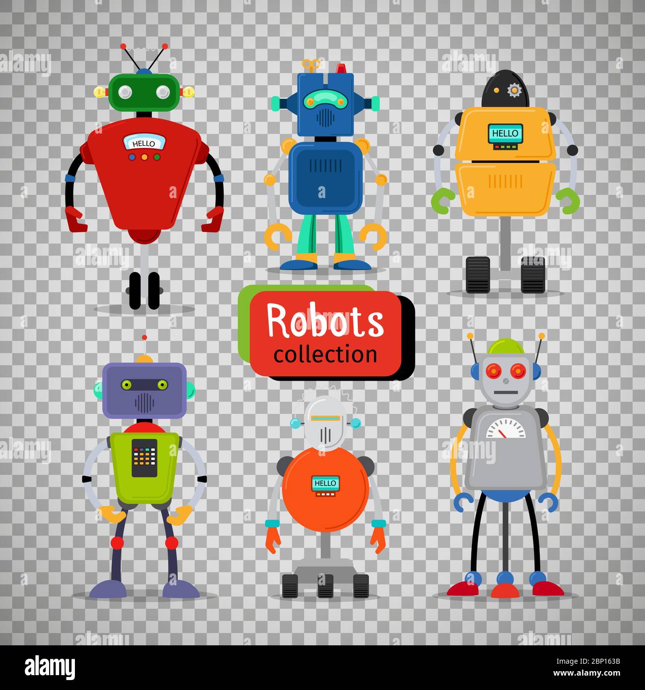 Cute cartoon robots set isolated on transparent background, vector ...