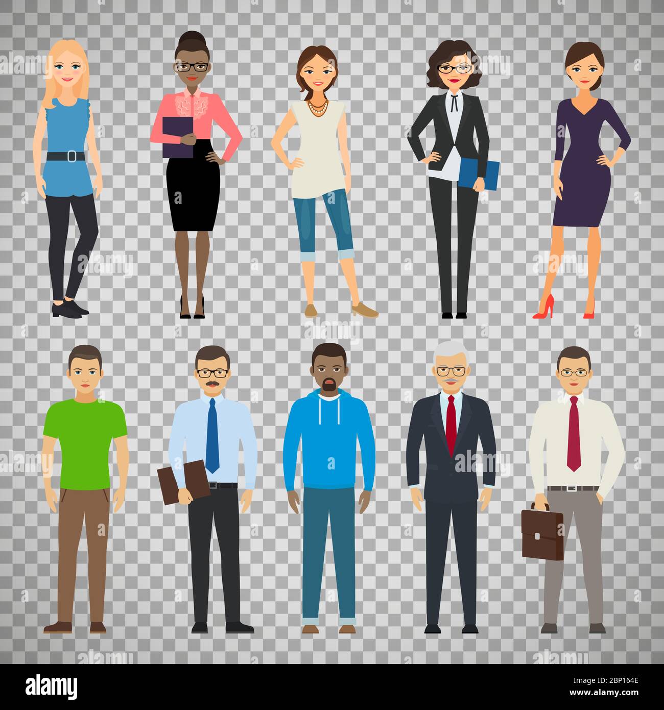 Business dressed and casual dressed people standing isolated on ...