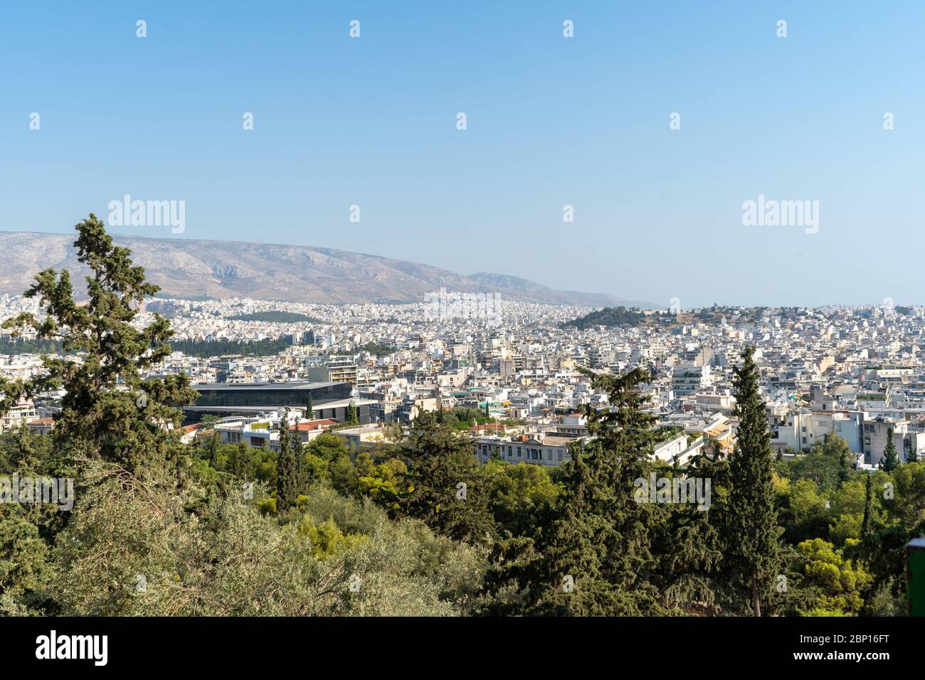 Greece, August 2019. The view of the trees in front of Athens from the ...