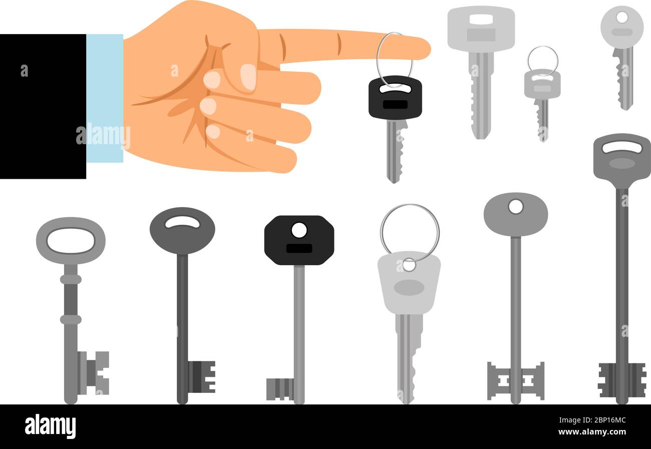 Keys hanging on finger vector illustration. Hand hold key and keys ...
