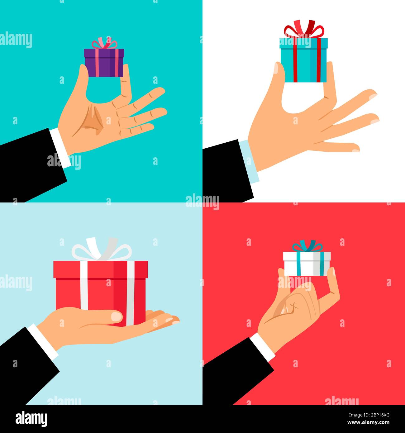 Hand holding small gift box set. Hands giving presents for offering or ...