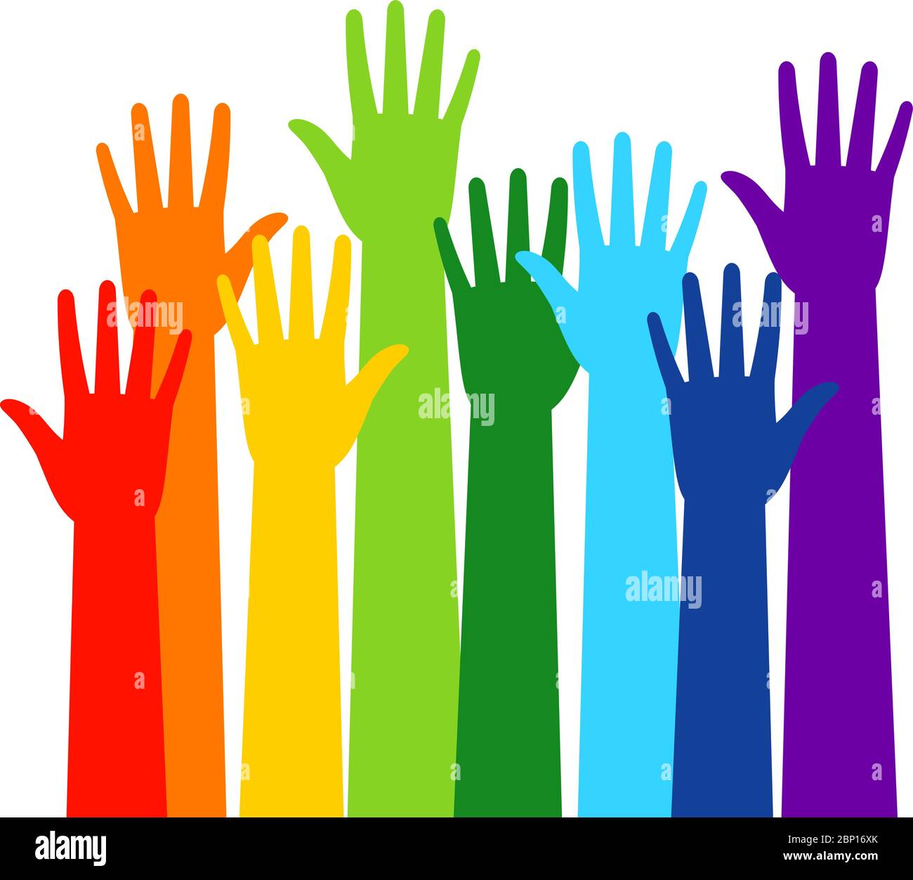 Colored volunteer crowd hands isolated on white background. Raised hand ... Colored volunteer crowd hands isolated on white background. Raised hand ...