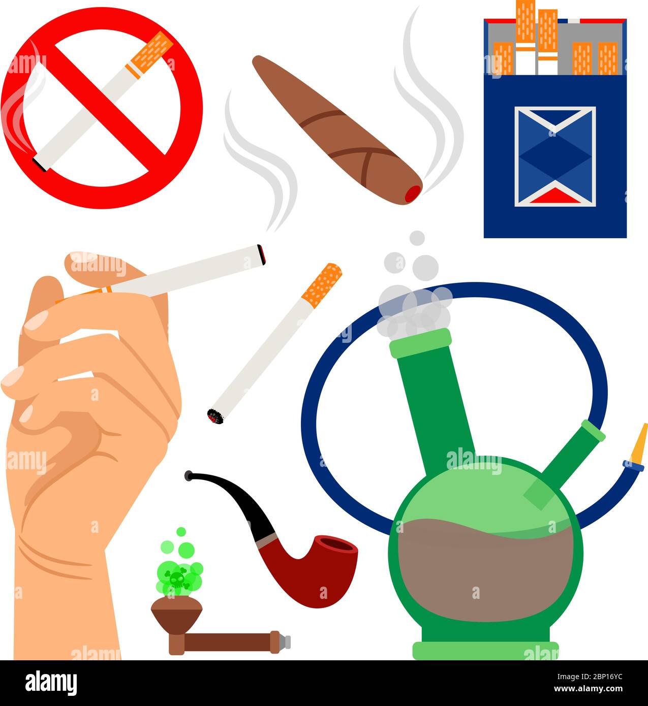 Smoking tobacco icons. Set of cigarettes and hookah, cigar and no ...