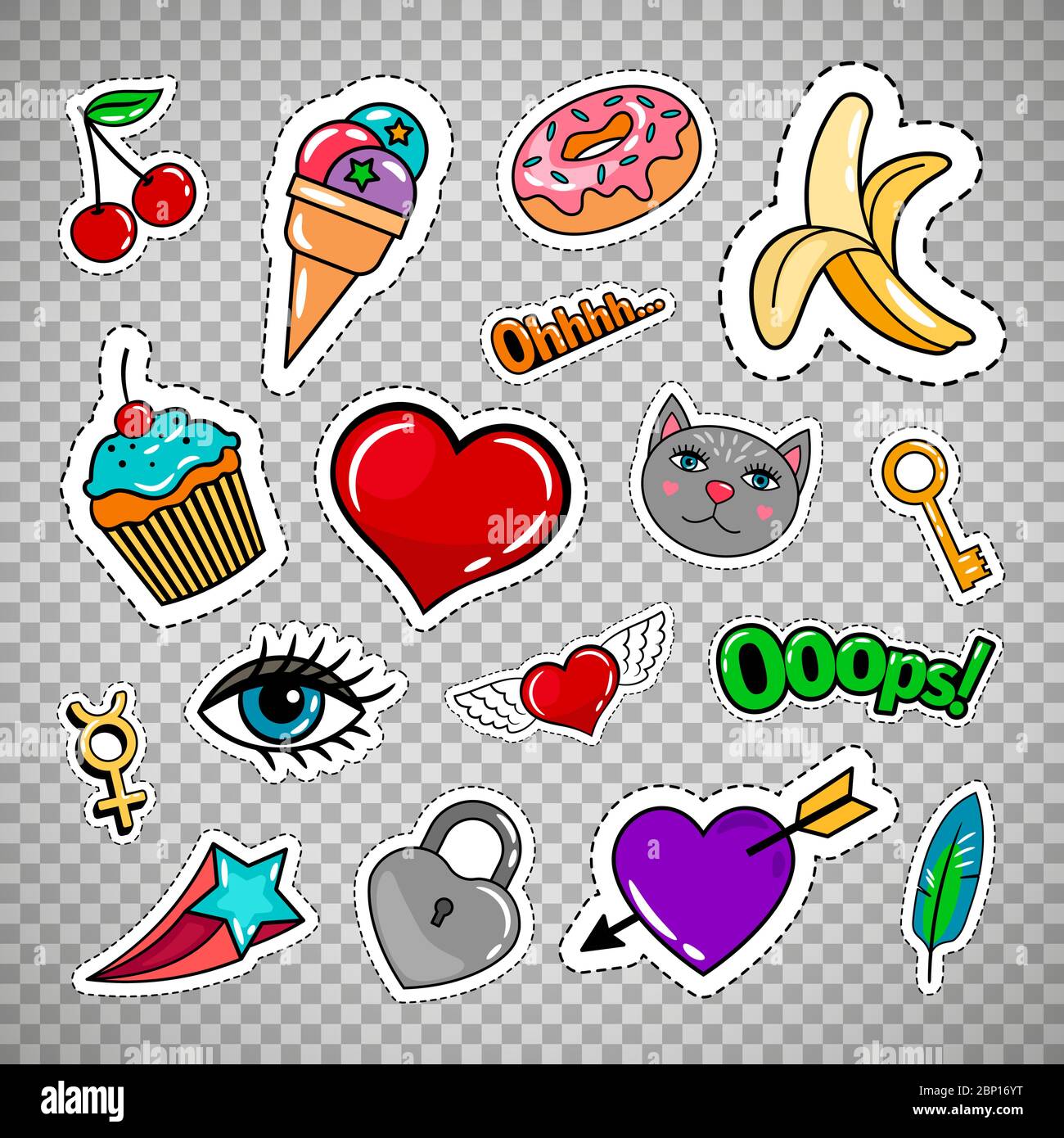 Sweet quirky badges set with food, hearts and cat. Vector colorful ...