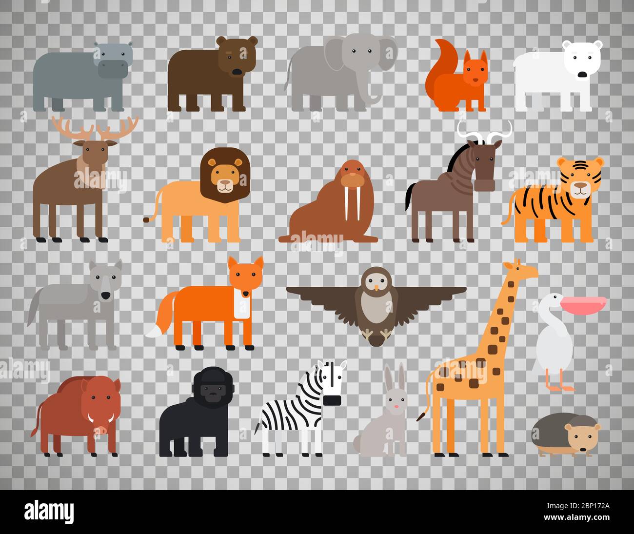 Zoo animals flat colorful icons isolated on transparent background ...