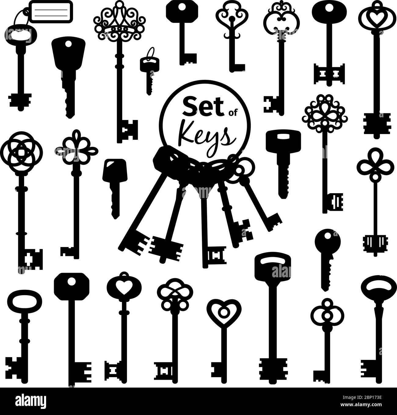 Vintage antique key collection isolated on white background. Vector old ...