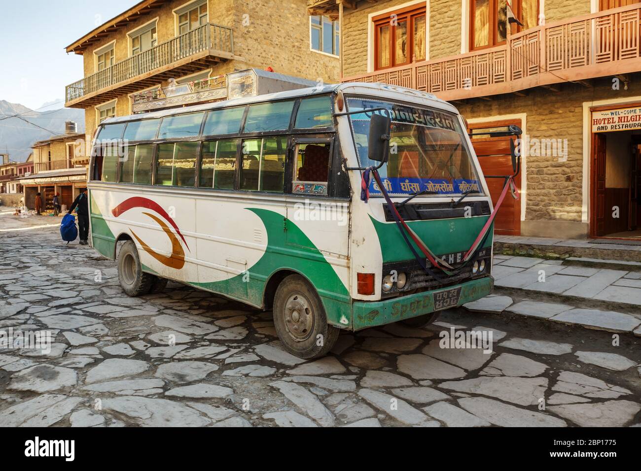 Jomsom, Nepal - November 19, 2016: Bus station in Jomsom. A local bus ...