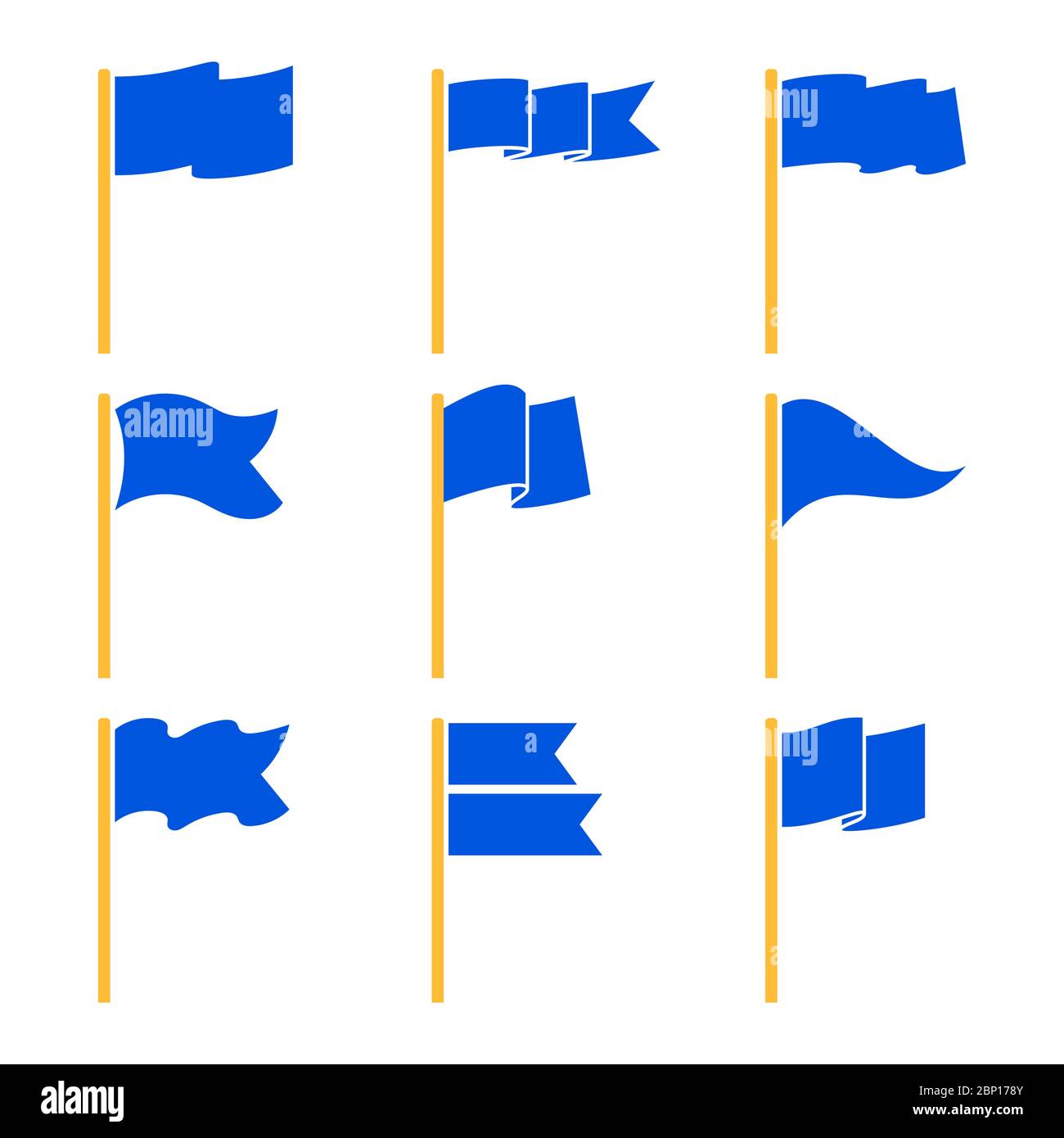 Markers or pointer to the map or location. Blue flags set isolated on ...