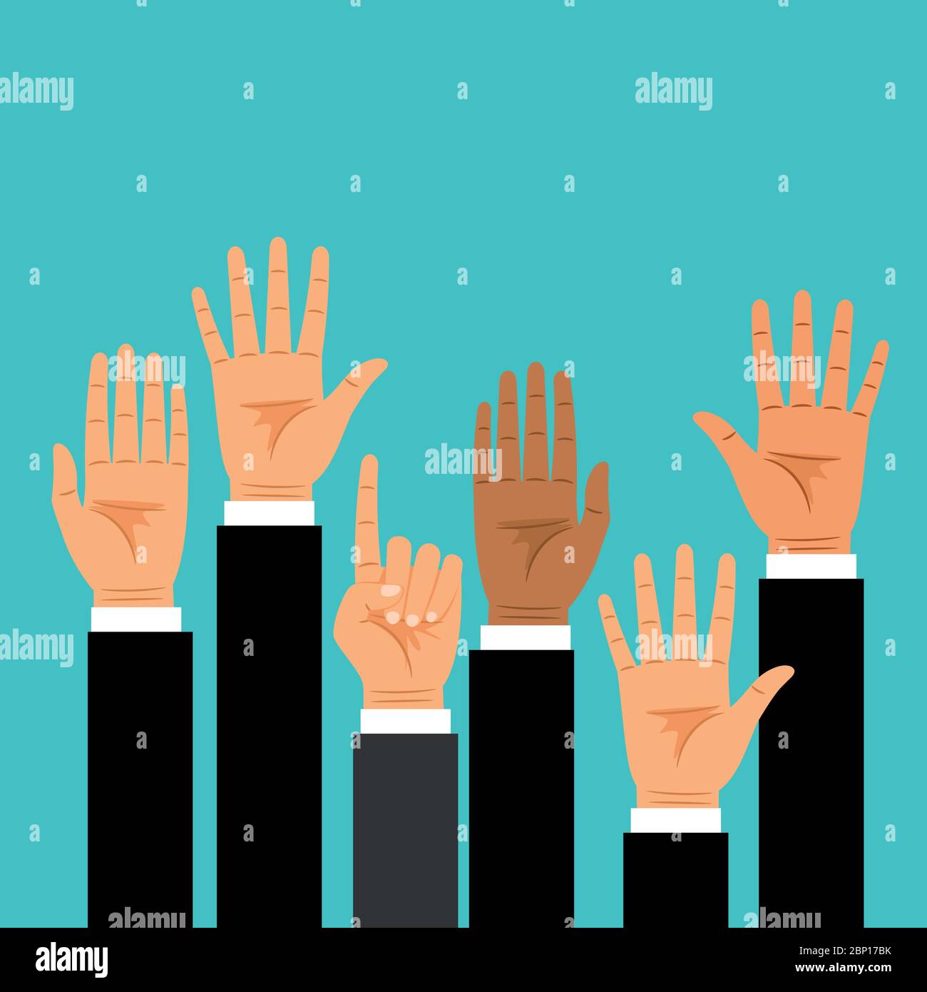 Business hands raised upwards. Hand set in business suits voting or ...