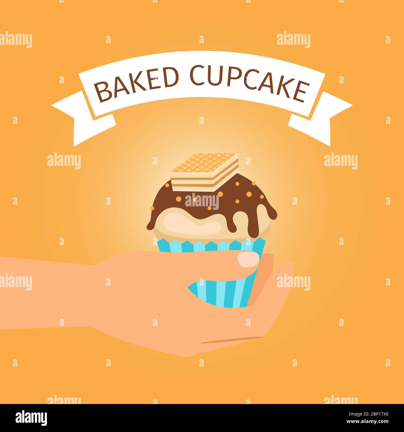Baked yellow cupcake gift in hand, vector illustration Stock Vector ...