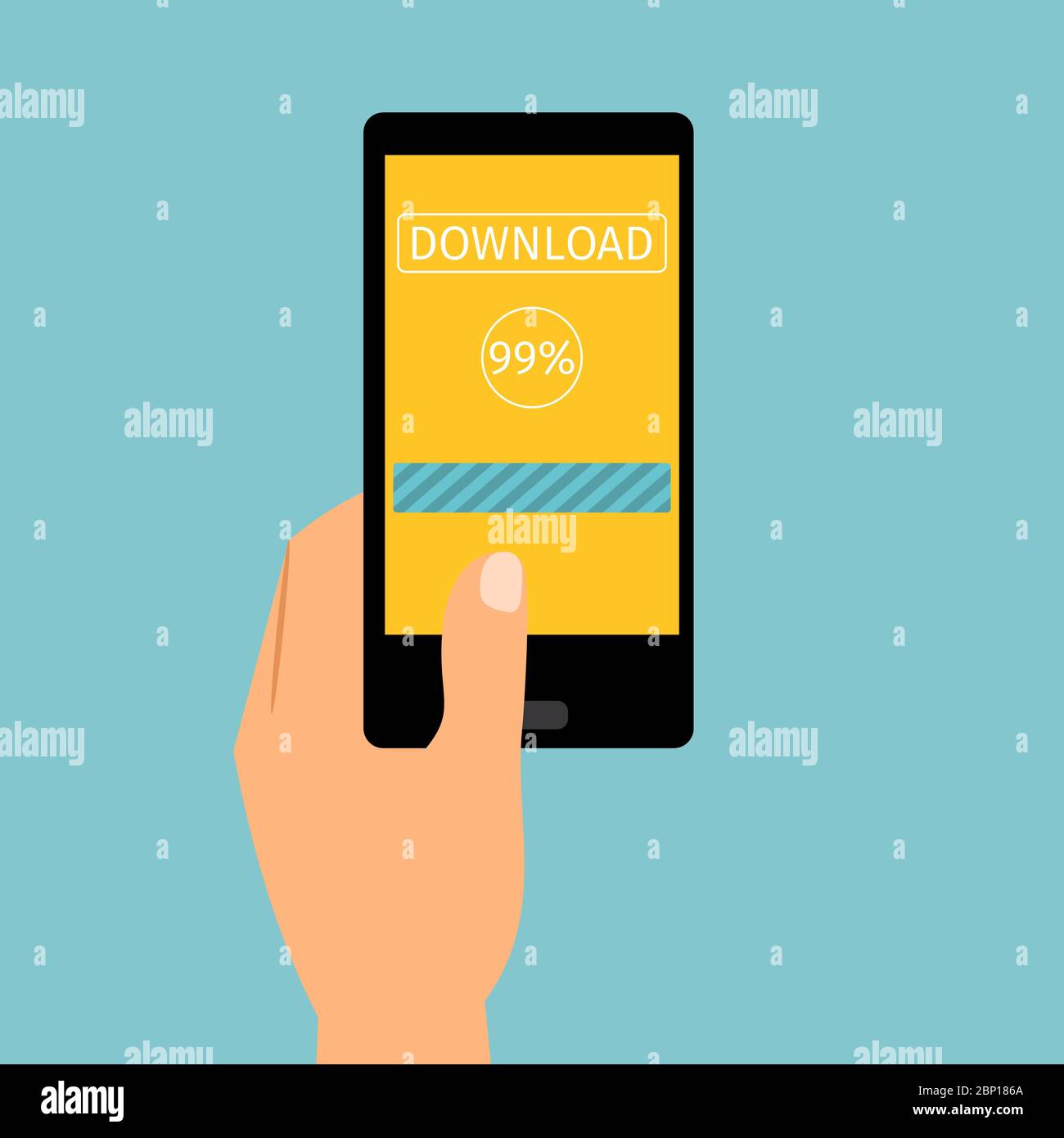 Hand Holding Mobile Device With Downloading Application Vector