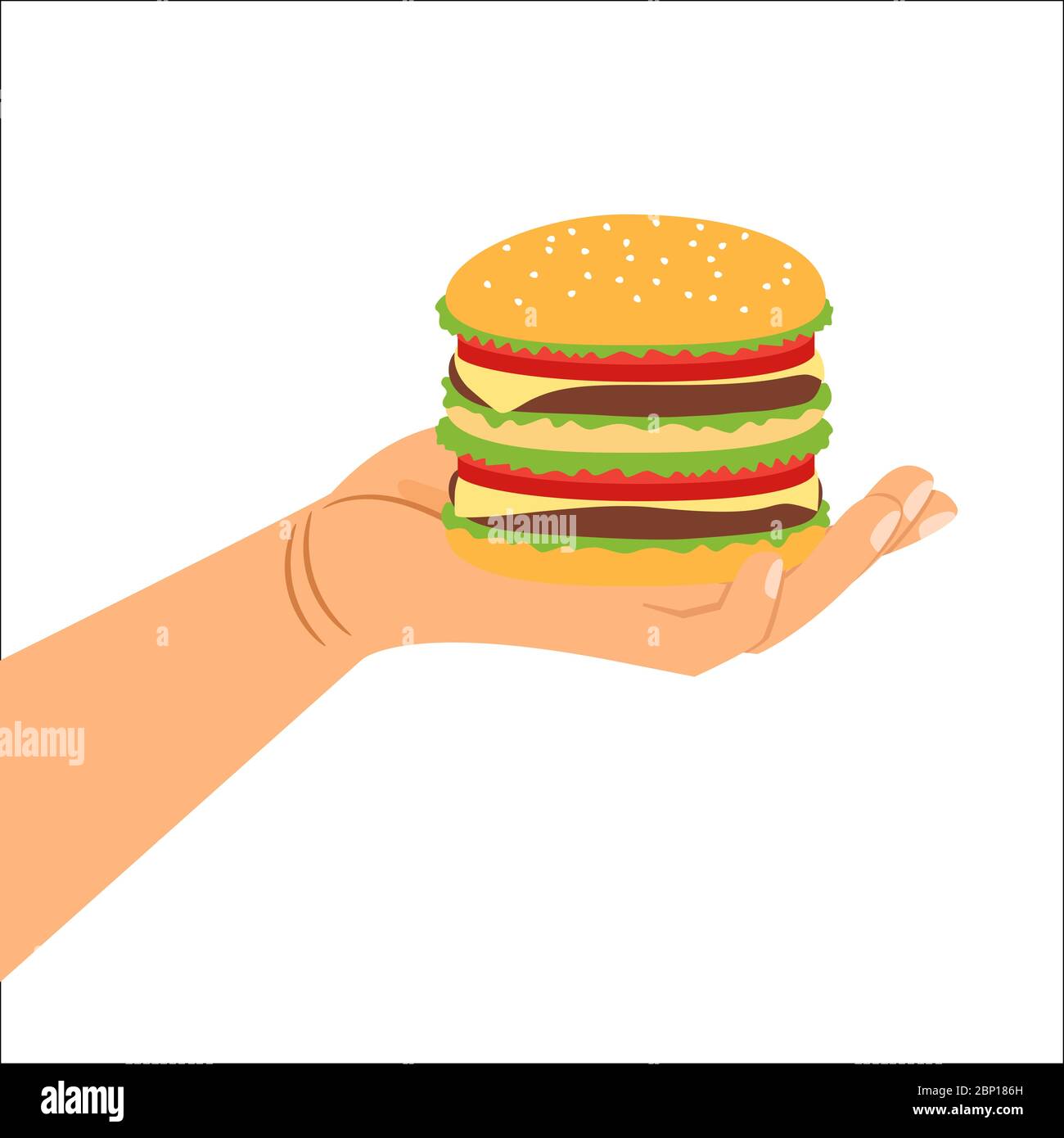 Unhealthy food isolated vector illustration. Hand holding hamburger ...
