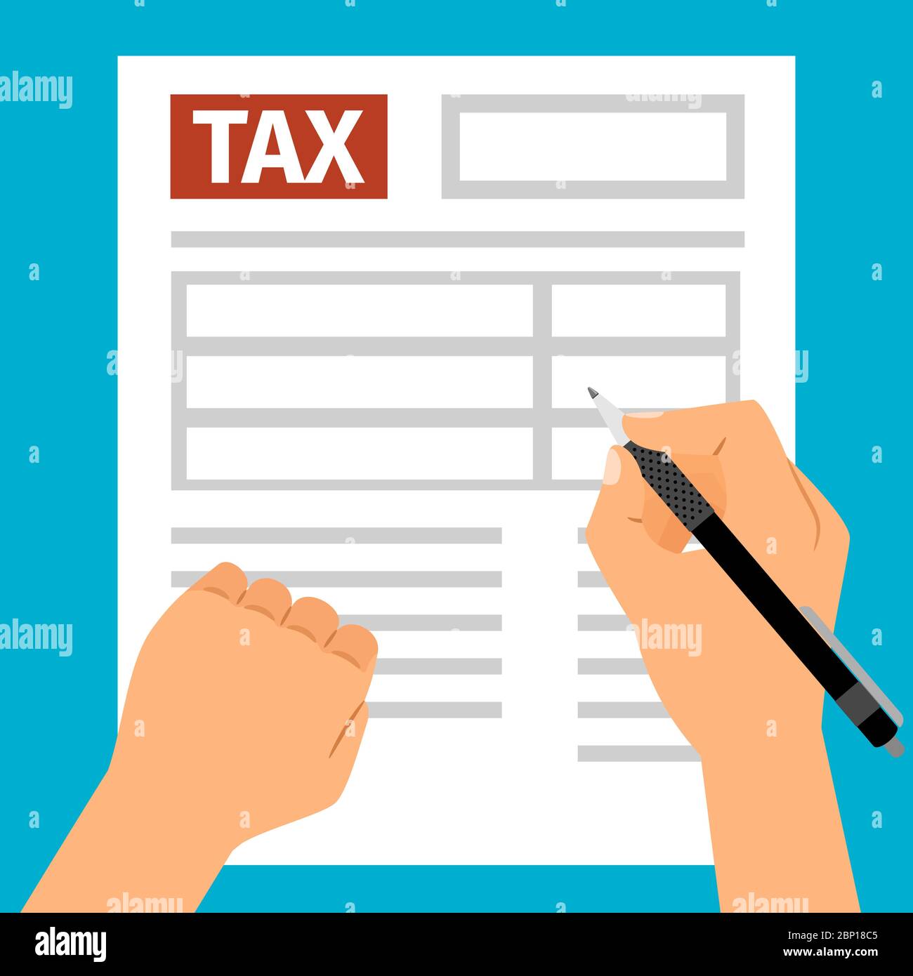 Man hands holding pen and filling tax form. Vector illustration Stock ...