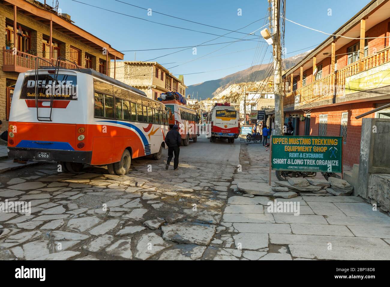 Jomsom, Nepal - November 19, 2016: Bus station in Jomsom. Buses stand ...