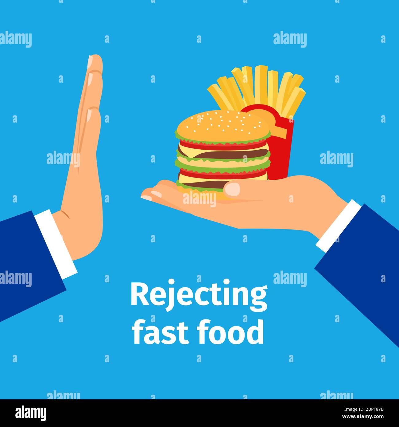Rejecting the offered fast food vector illustration with man hands ...