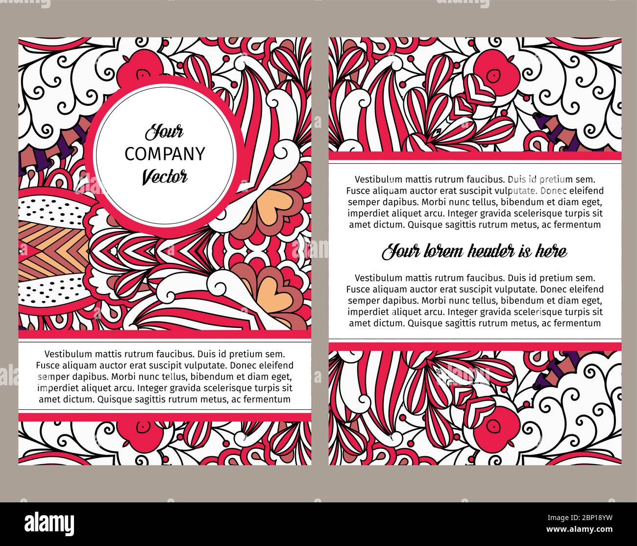 Brouchure design template for company with outline swirls in red colors ...