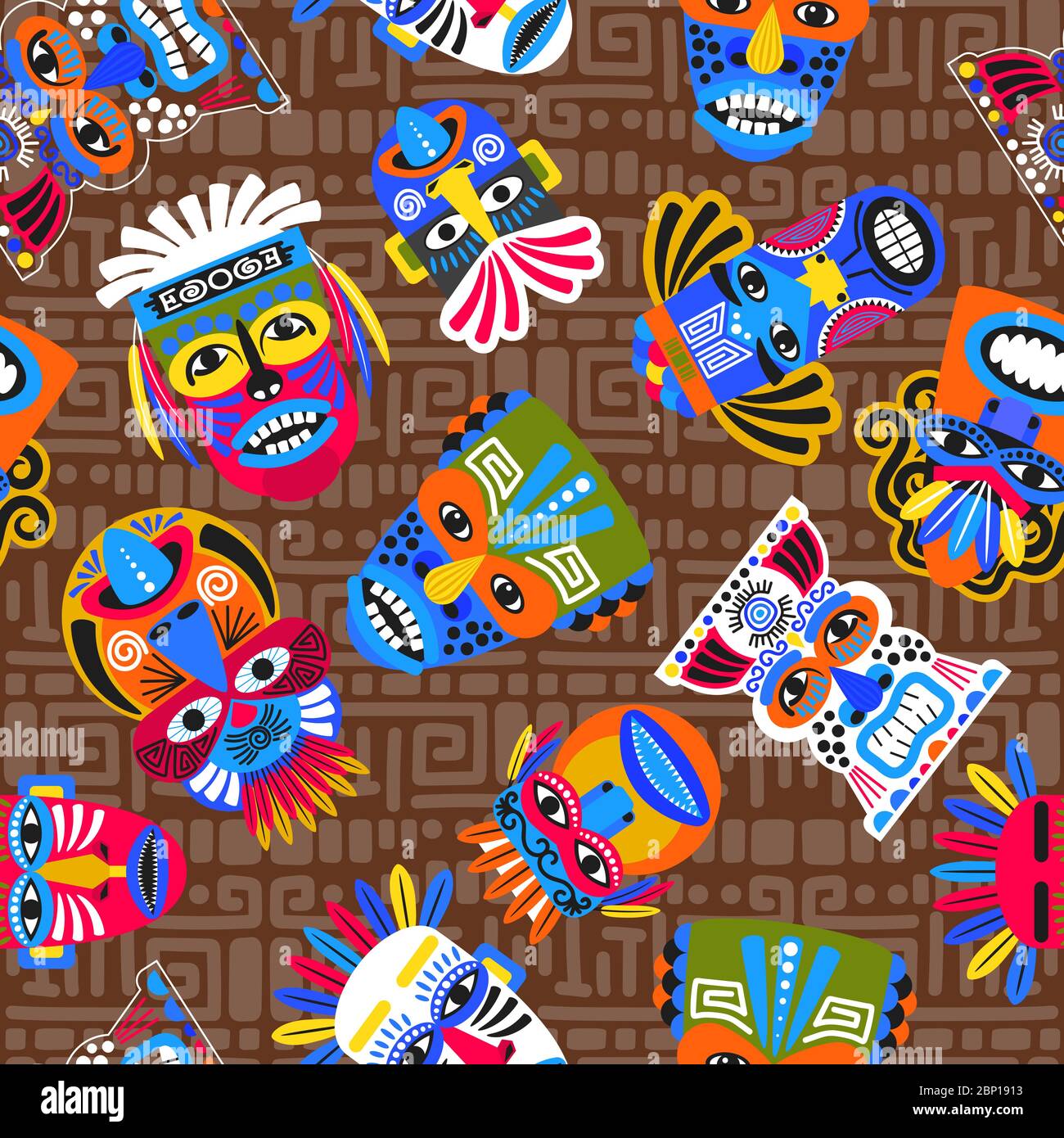Brown tribal seamless pattern with masks and geometric stylezed spirals ...