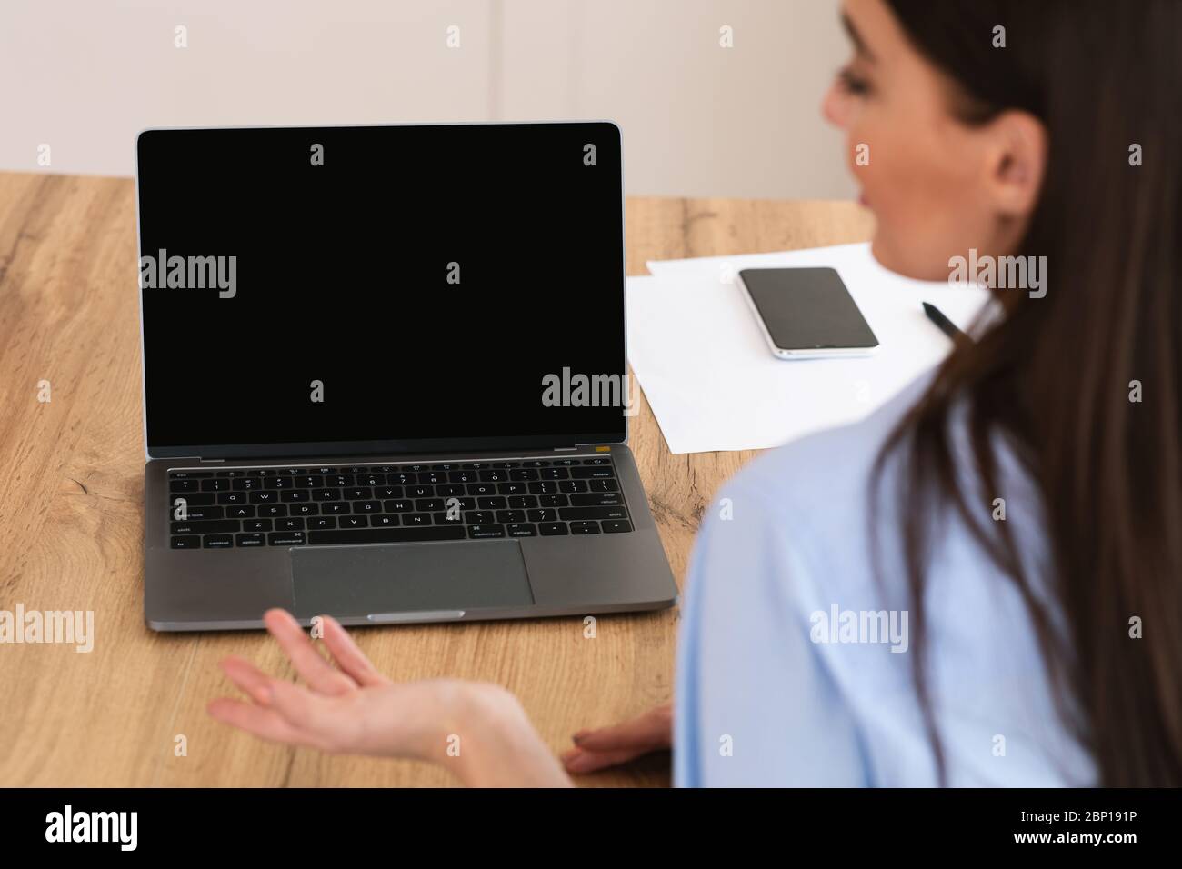 Businesswoman At Laptop Making Video Call Sitting In Office, Mockup ...