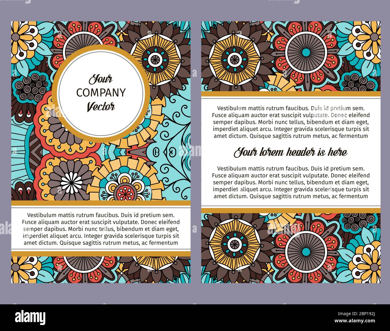 Brouchure design template for company with colorful ornamental vintage ...